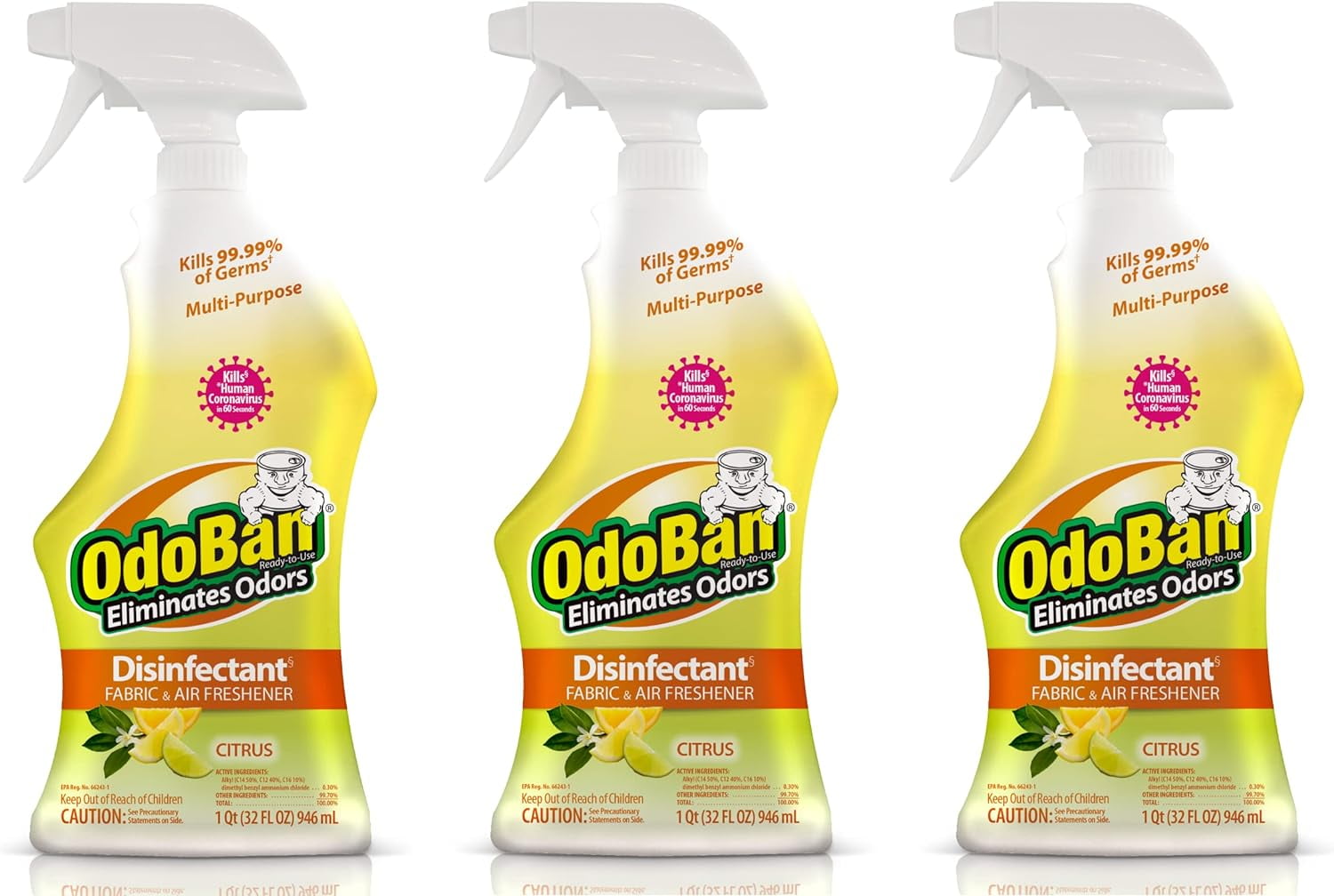 OdoBan Ready-to-Use Disinfectant and Odor Eliminator, Set of 3 Spray Bottles, 32 Ounces Each ...