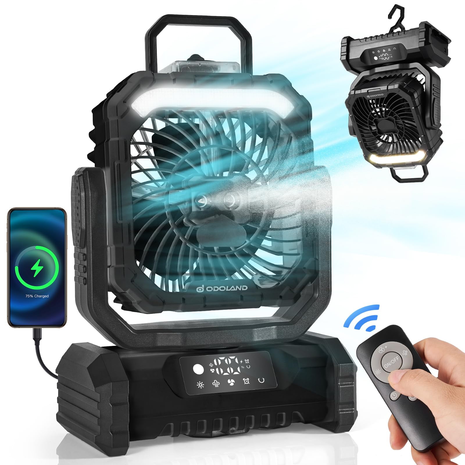 Odoland Portable Misting Fan with Light, 30000mAh Rechargeable Battery ...