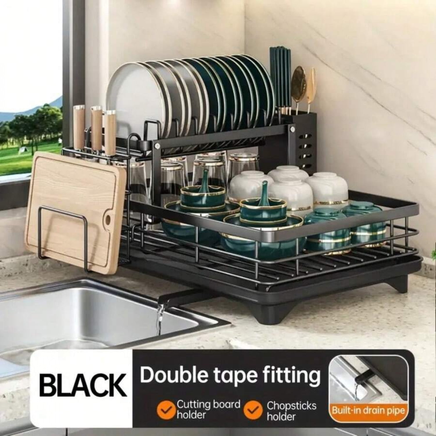 OdorsTT Dish Drying Rack, 2 Tier, Large Capacity Dish Drainers, Kitchen Organizer with Cutlery ...