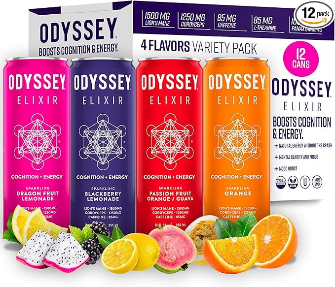 Odyssey Elixir Cognition Sustainable Energy - Lion's Mane Cordyceps L Theanine Ginseng and 85mg ...