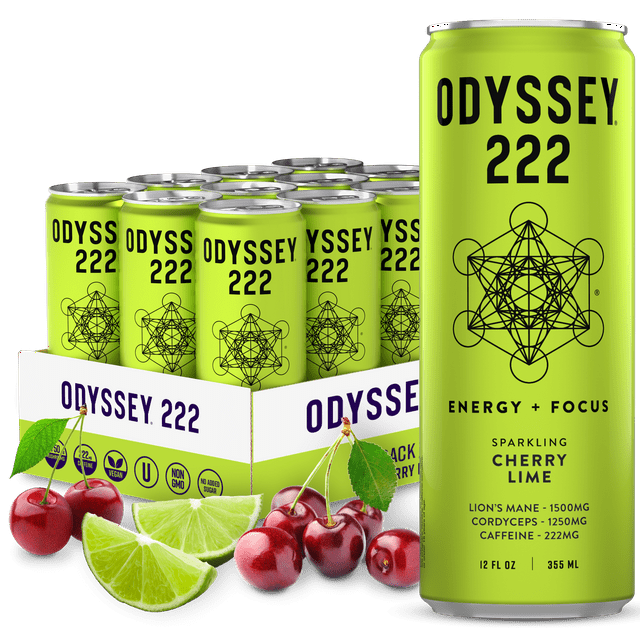 Odyssey Elixir Energy and Focus Sparkling Mushroom Drink, 222mg Cherry Lime Flavor 12 Fl oz ...