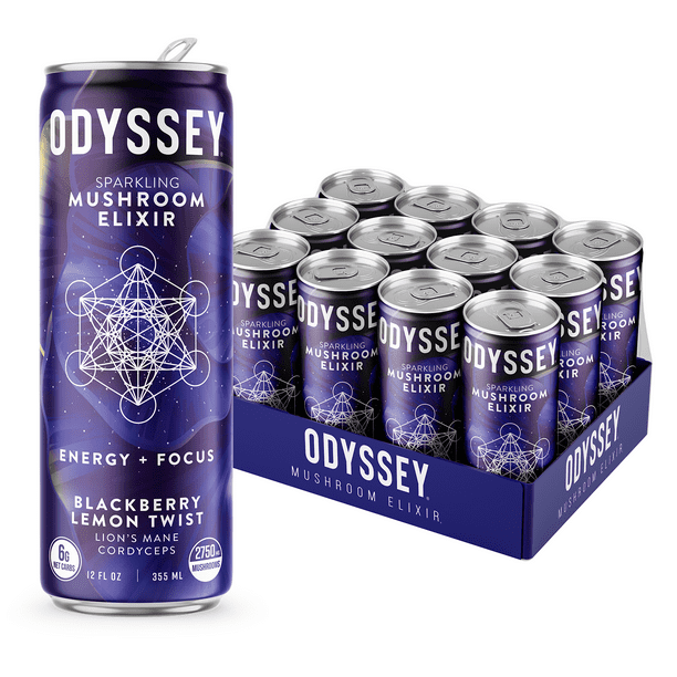 Odyssey Elixir Energy and Focus Sparkling Mushroom Drink, Blackberry Lemon Twist Flavor 12 Fl oz ...