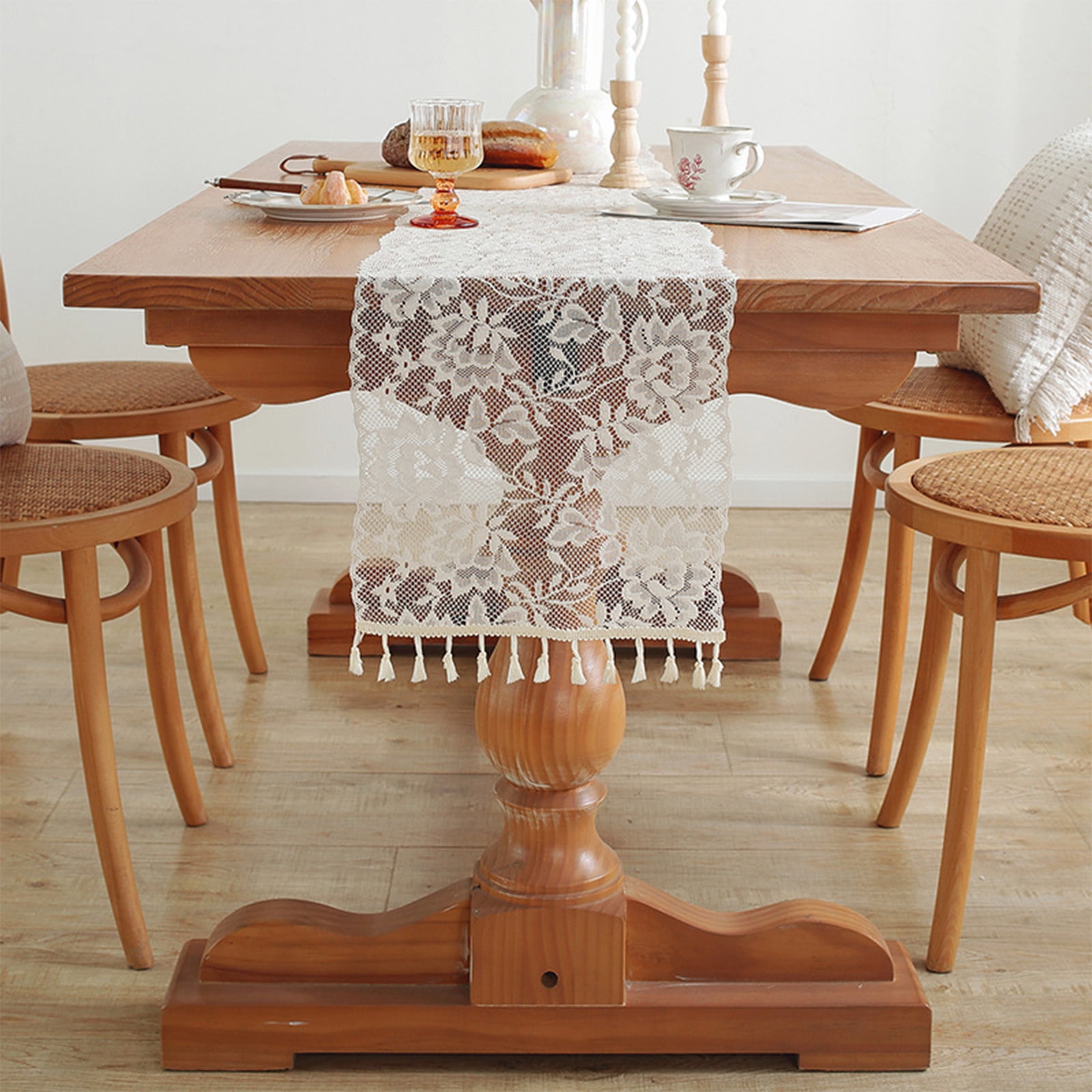 Oefntac Table Runner White Lace Tassel Table Runner Elegant Polyester ...