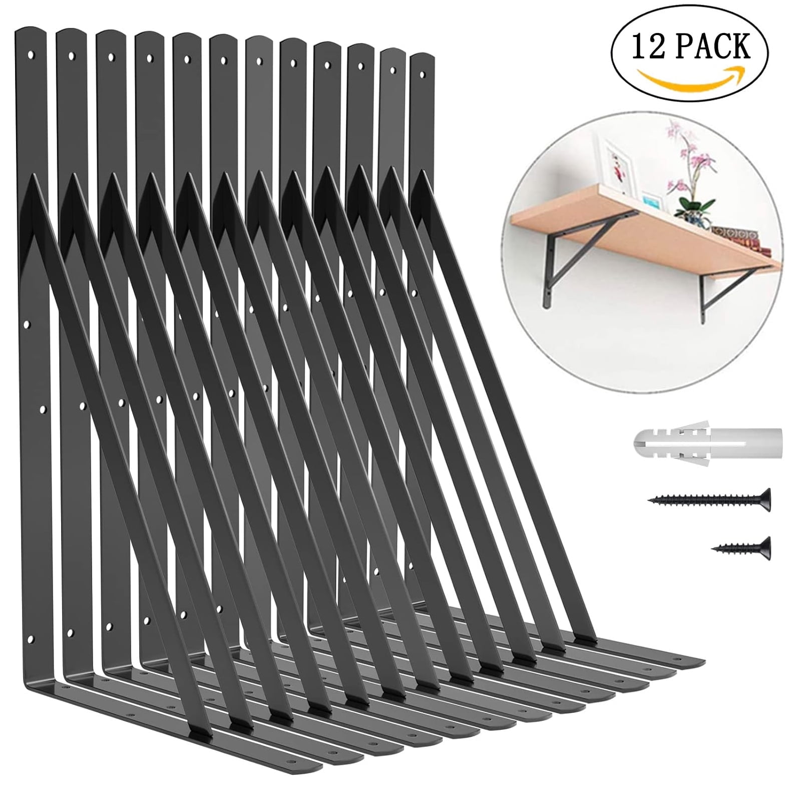 "Oenbopo 12"" Heavy Duty Shelf Brackets, 12-Pack Black Metal, Garage ...