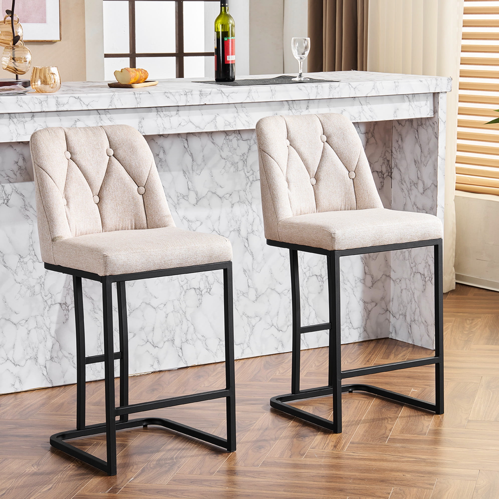 Of 2 Bar Stools In Beige - Modern Upholstered, Button- , Metal ...