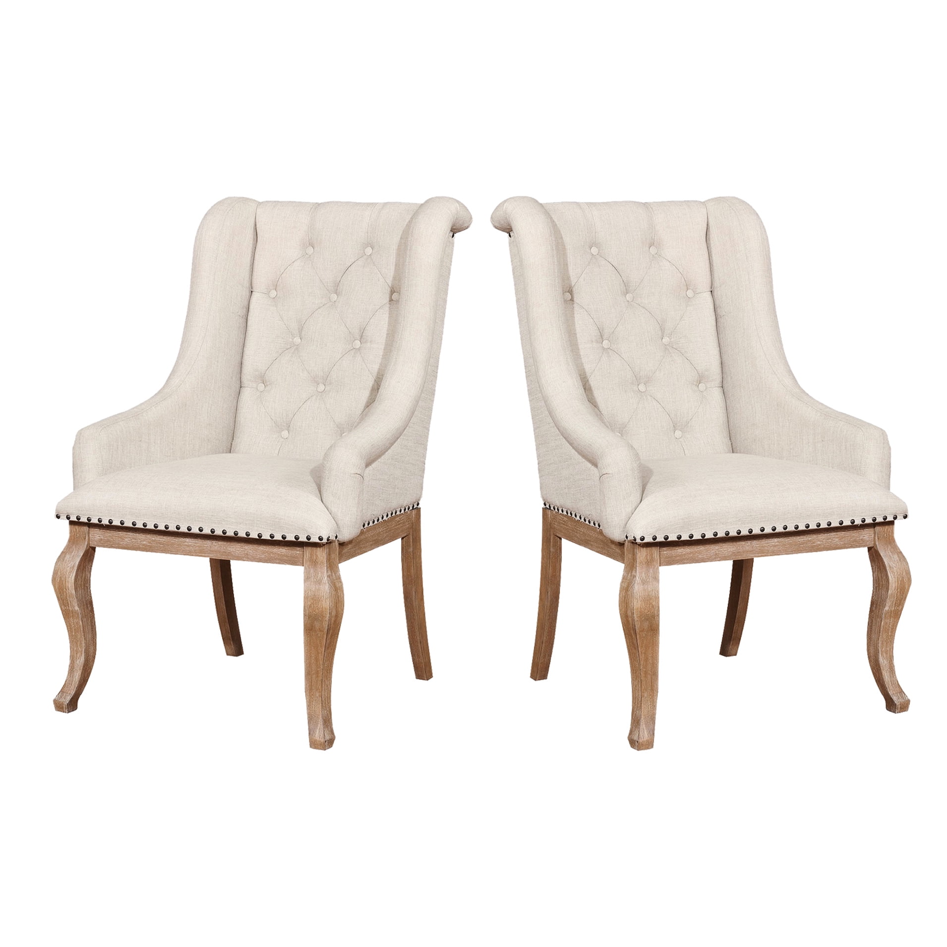 Of 2 Cream Fabric Arm Chairs With Back And Nailhead Trim, Barley Brown ...