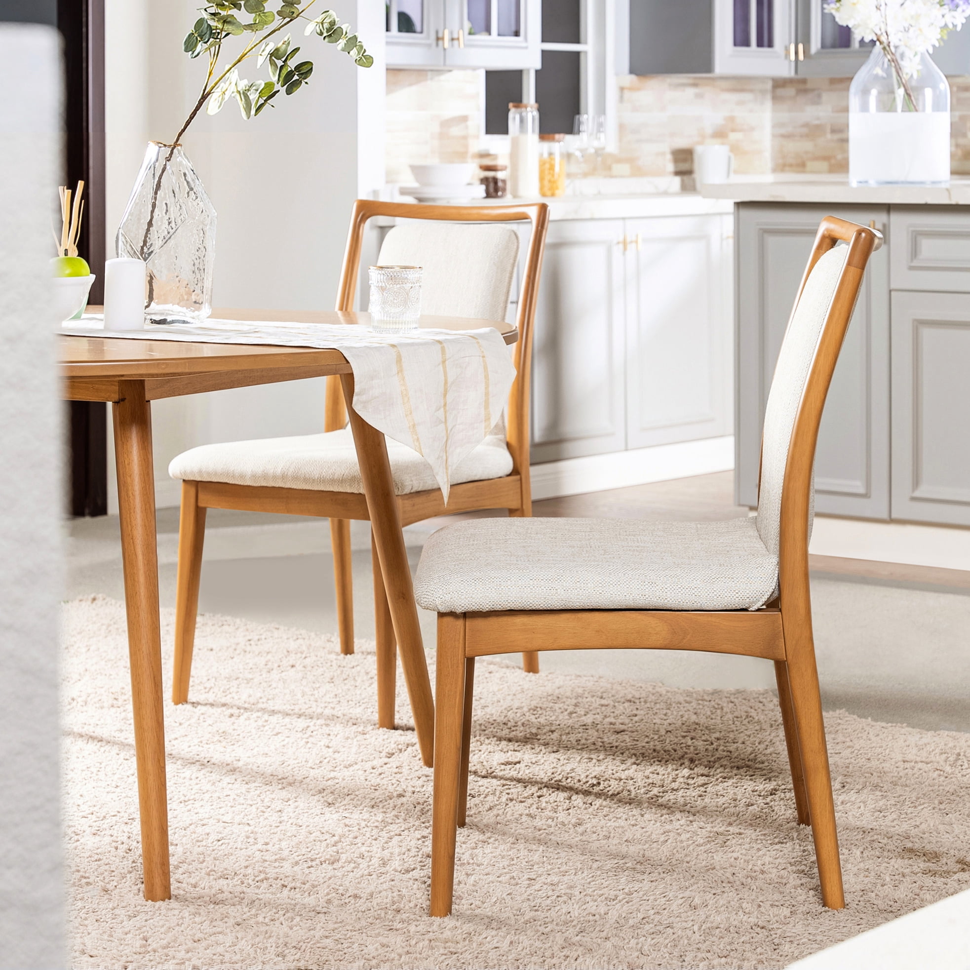 Of 2 Dining Chairs - Natural Wood, White Pepper Upholstery, High Back ...