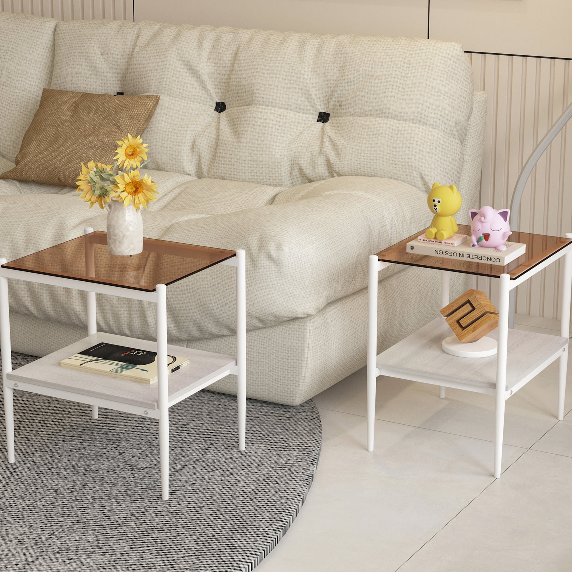 Of 2 End Tables For Living Space, Tempered Glass Surface & Layer, Brown ...