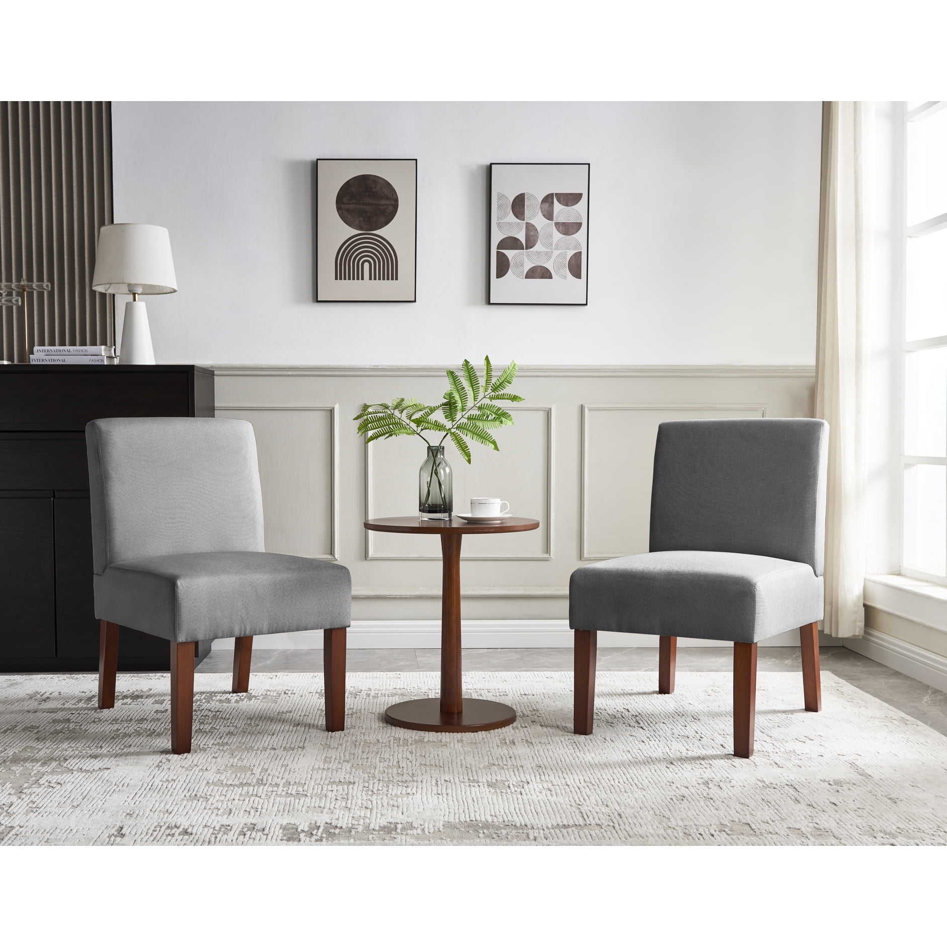 Of 2 Fabric Accent Chairs With Round Wood Table In Grey, Decorative For ...