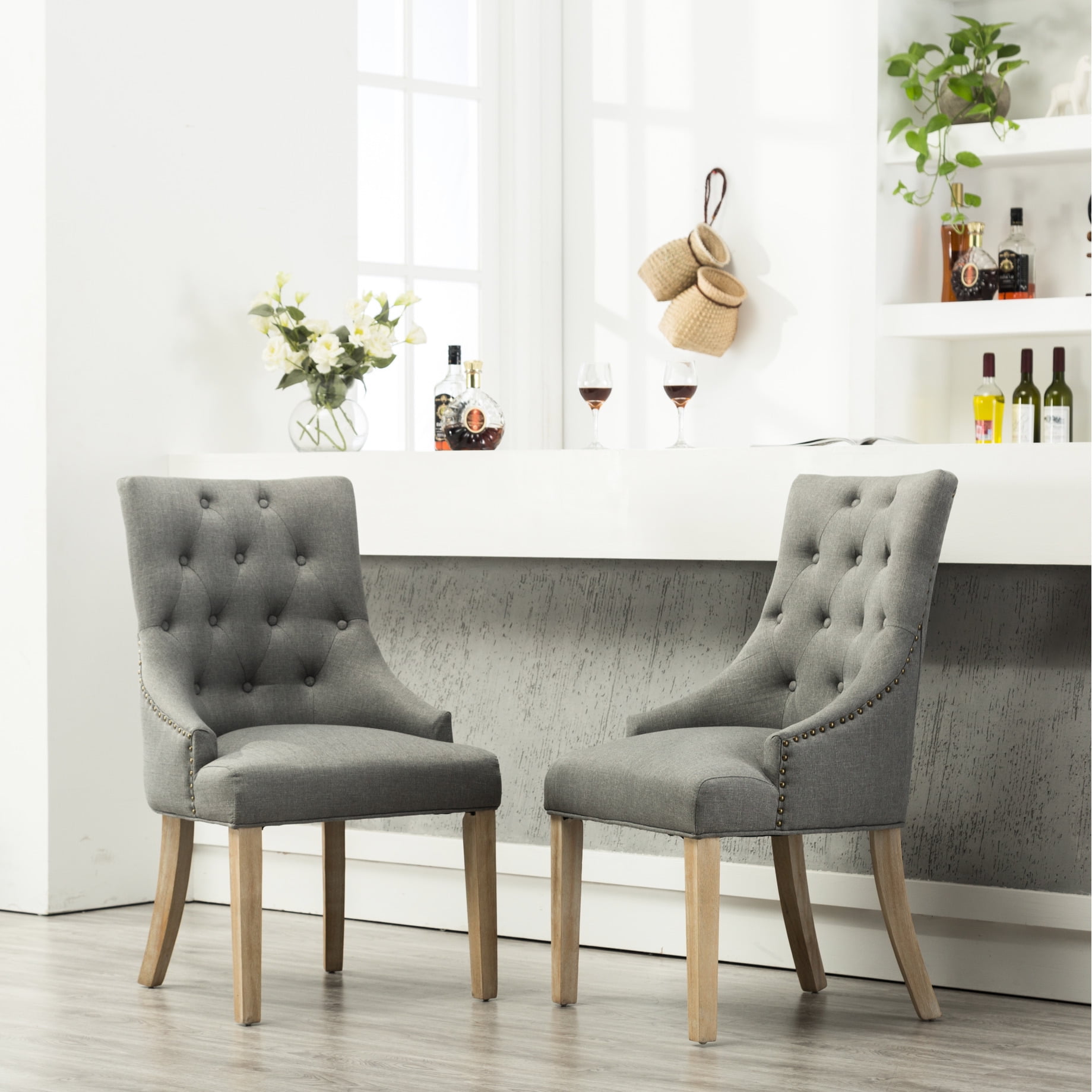 Of 2 Grey Button Wingback Hostess Chairs - Solid Wood Construction With ...