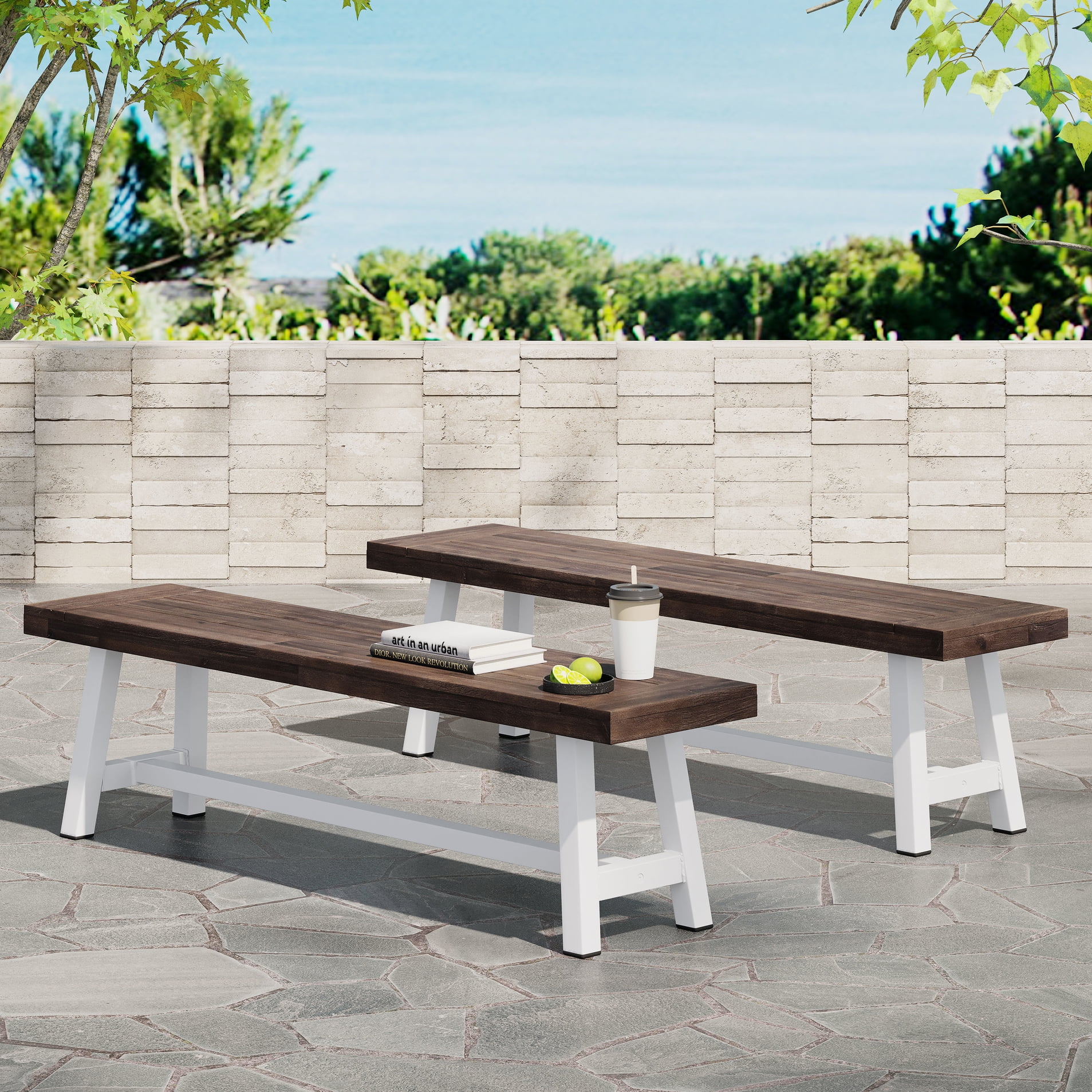 Of 2 Outdoor Wood Benches, Modern Industrial Theme, Weather , Slat ...