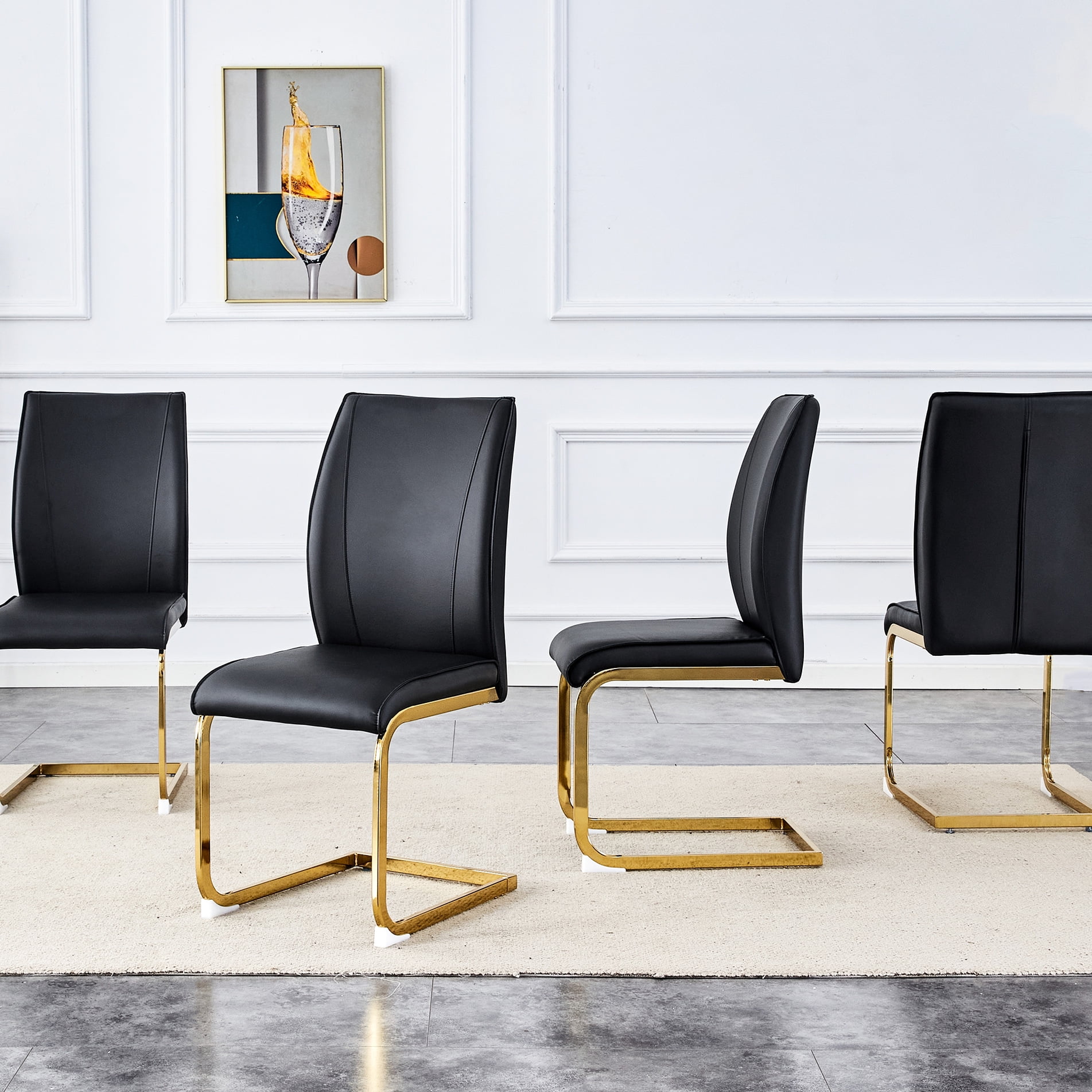 Of 4 Luxury Chairs, Black Pu With Arched Metal Gold Legs, High ...