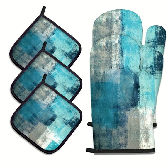 Of 5 Turquoise Abstract Oven Mitts And Pot Holders, Featuring Modern ...