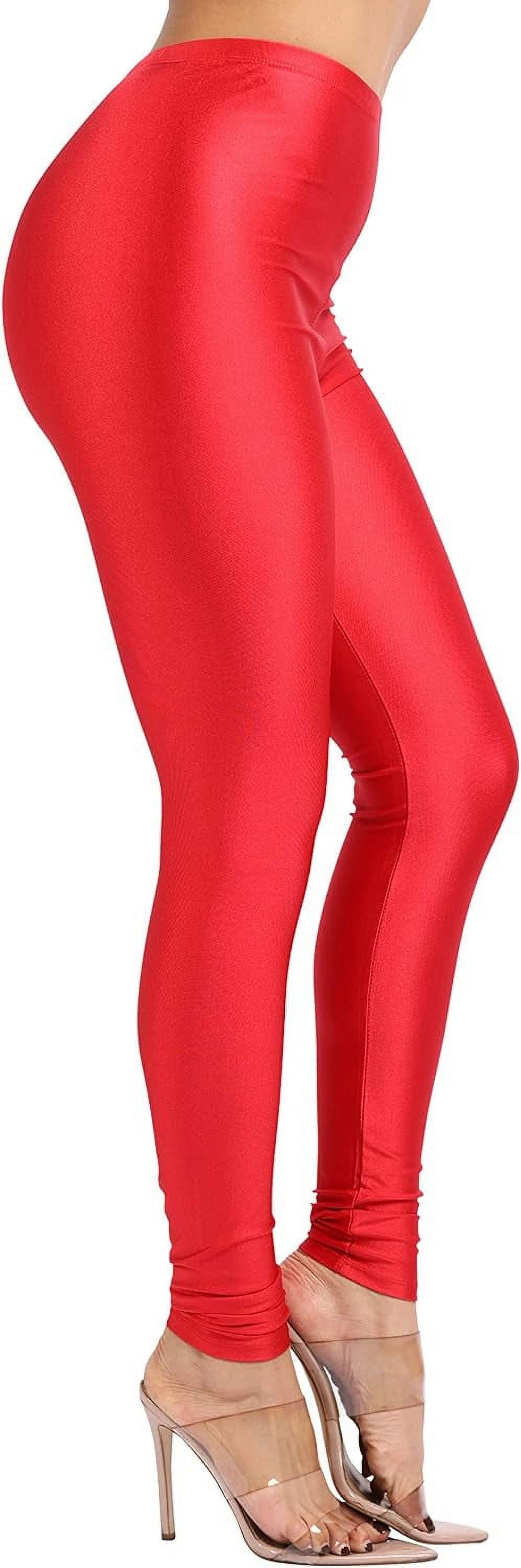 Ofenti Shiny Leggings for Women High-Waist Neon Tights Medium Red ...