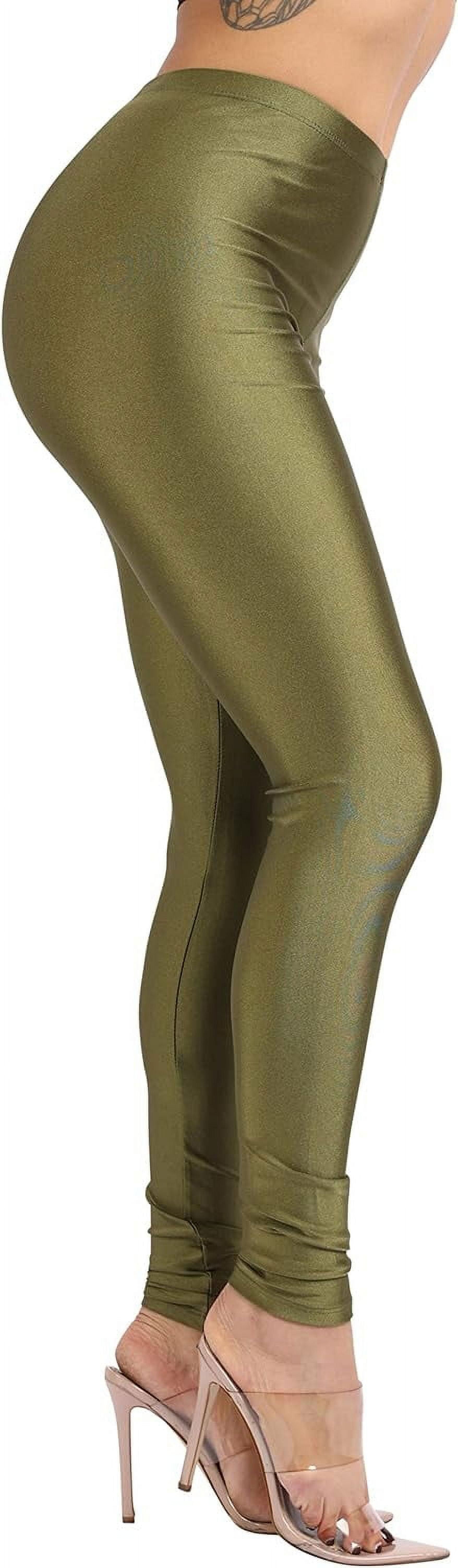 Ofenti Shiny Leggings for Women High-Waist Neon Tights Olive S ...