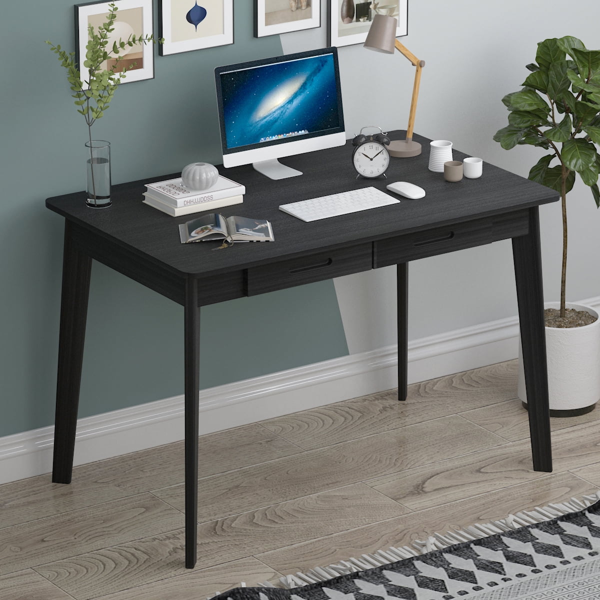 Ofey 39.4" Black Writing Desk with Drawers Study Workstation Wood ...
