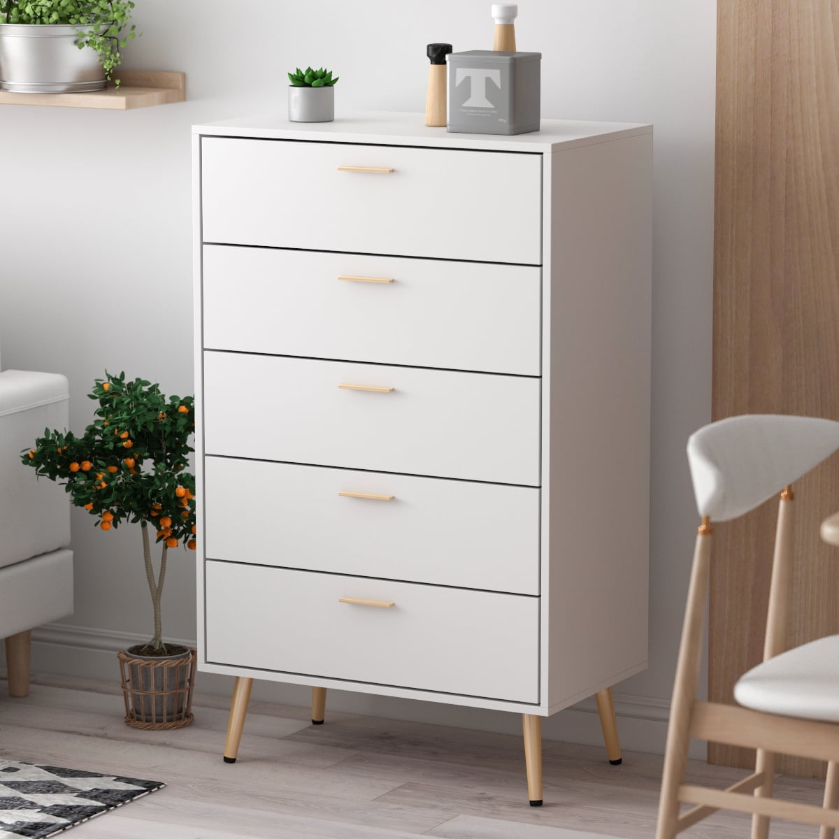 Ofey Free Standing 5 Drawer Dresser Chest for Bedroom Wooden White ...