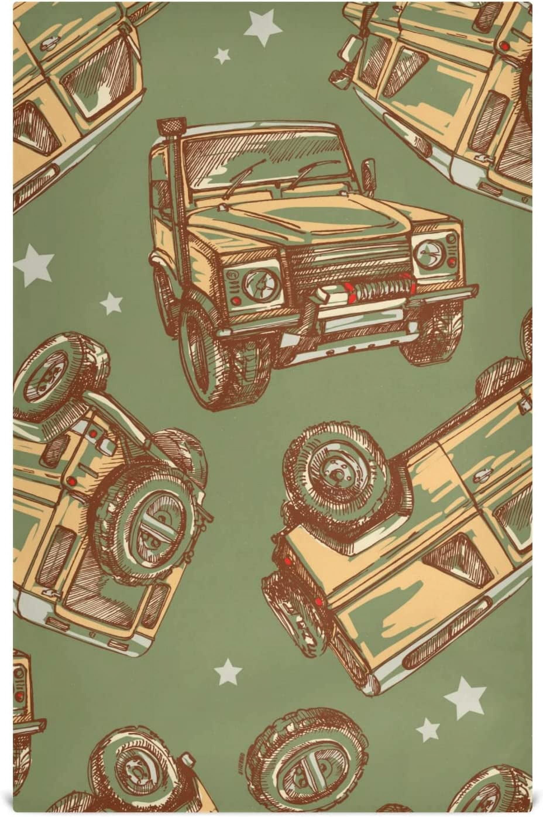 Off-Road Car Cartoon Kitchen Dish Towels Set of 1, Green Stars Washable ...