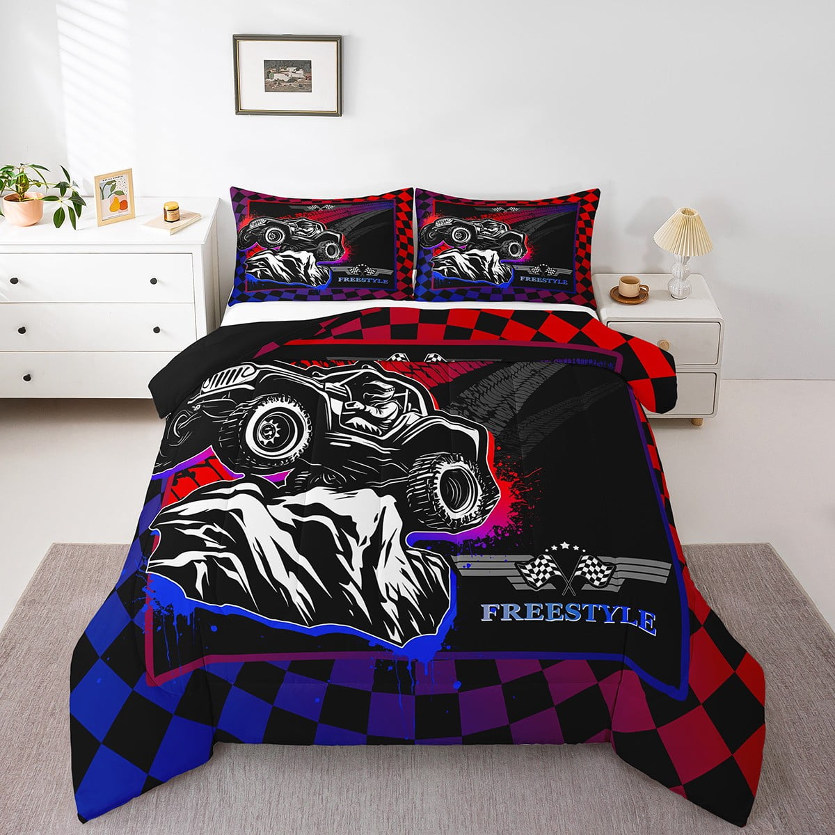 Off-Road Vehicle Bedding Set Black Red Blue Ombre Checkered Comforter ...