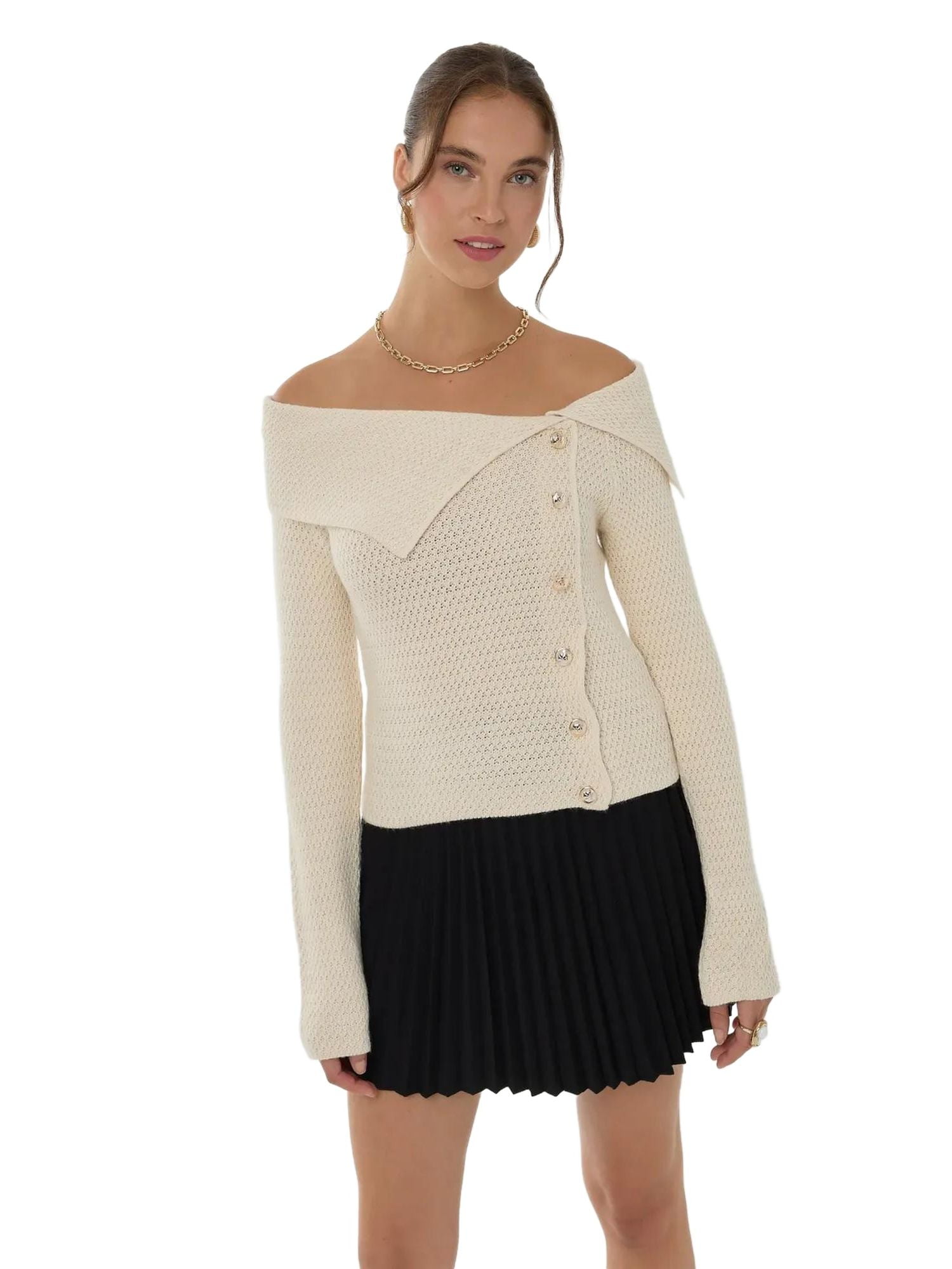 Off Shoulder Button Detail Sweater - Walmart.com
