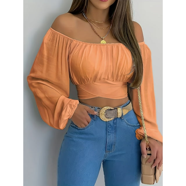 Off-Shoulder Long Sleeve Crop Top with Cross Tie Back - Casual and Top ...