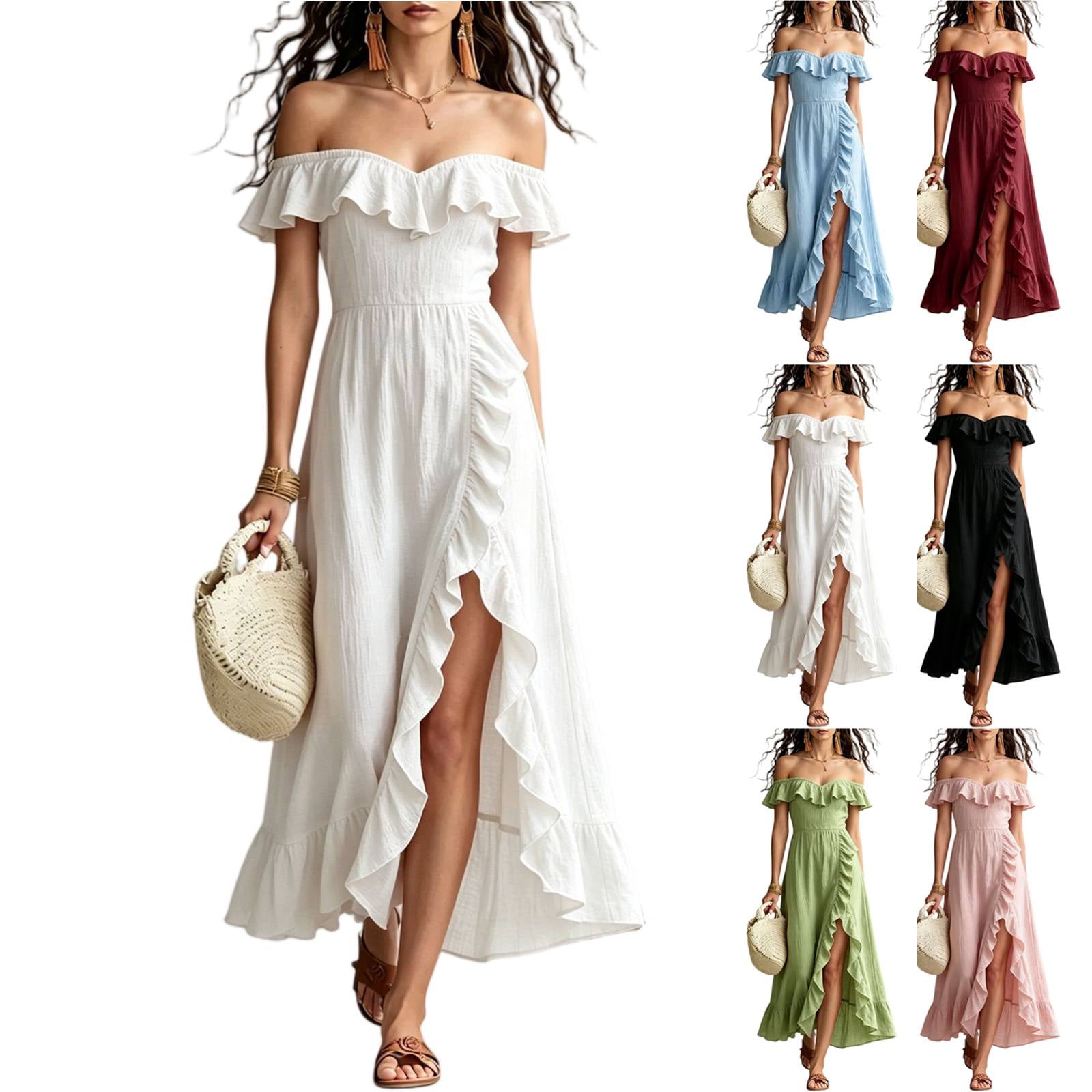 Off Shoulder Wedding Guest Dress Women Summer High Low Ruffle Chiffon ...