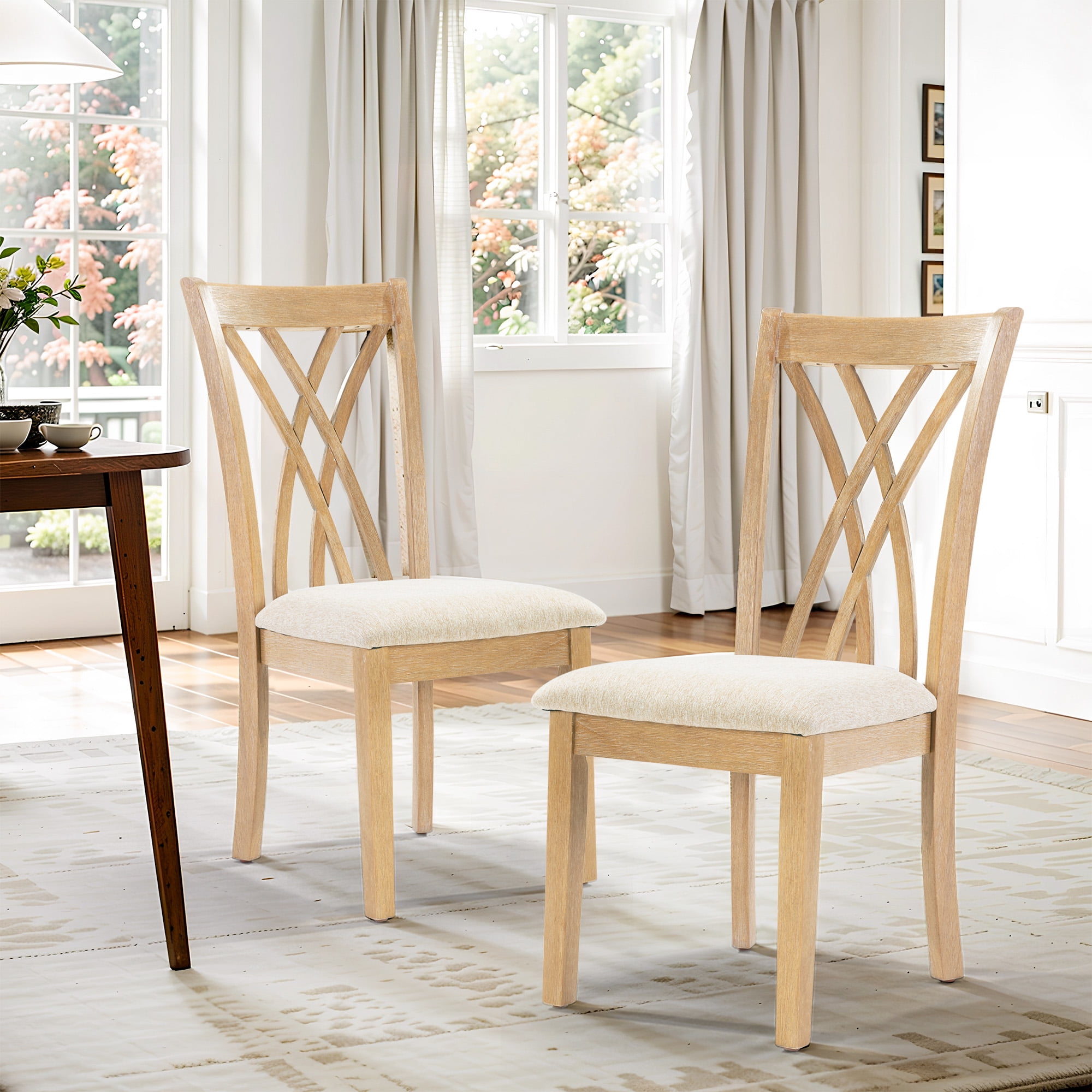 Off-White Dining Chairs Set of 2, Rubberwood Legs with Adjustable ...
