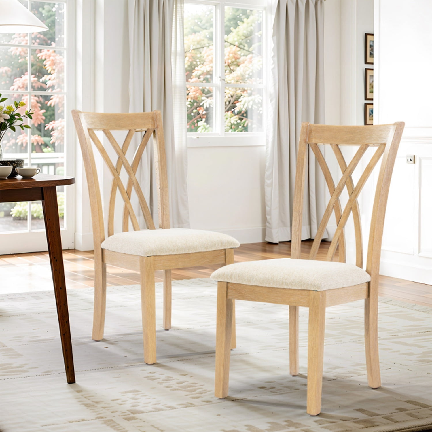 Off-White Dining Chairs Set of 2 Rubberwood Legs with Adjustable Glides ...
