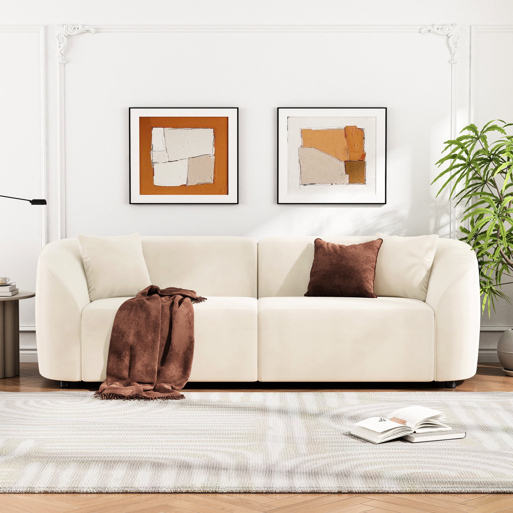 Off-White, Foam-Filled, Curved Sofa - Streamlined Look with Rounded ...