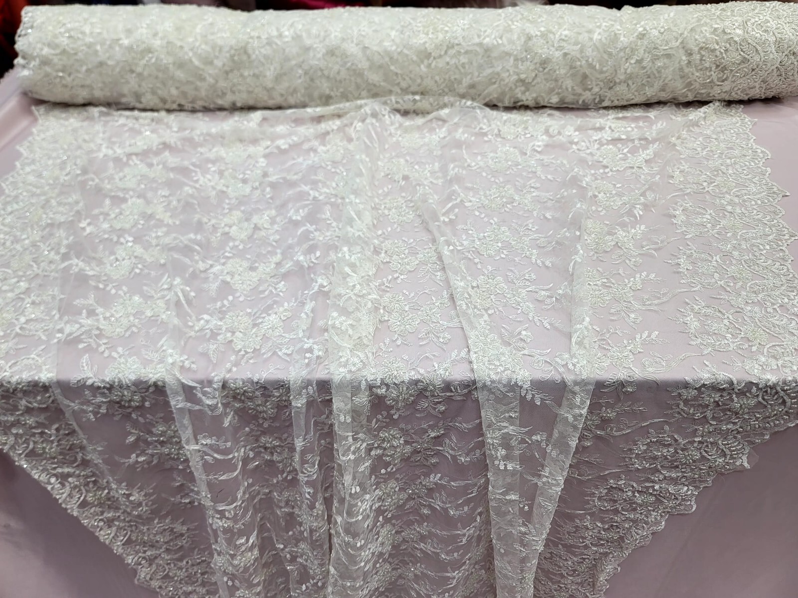 Off White Lace Embroidered Small Flowers Floral Beaded Fabric Sold By ...