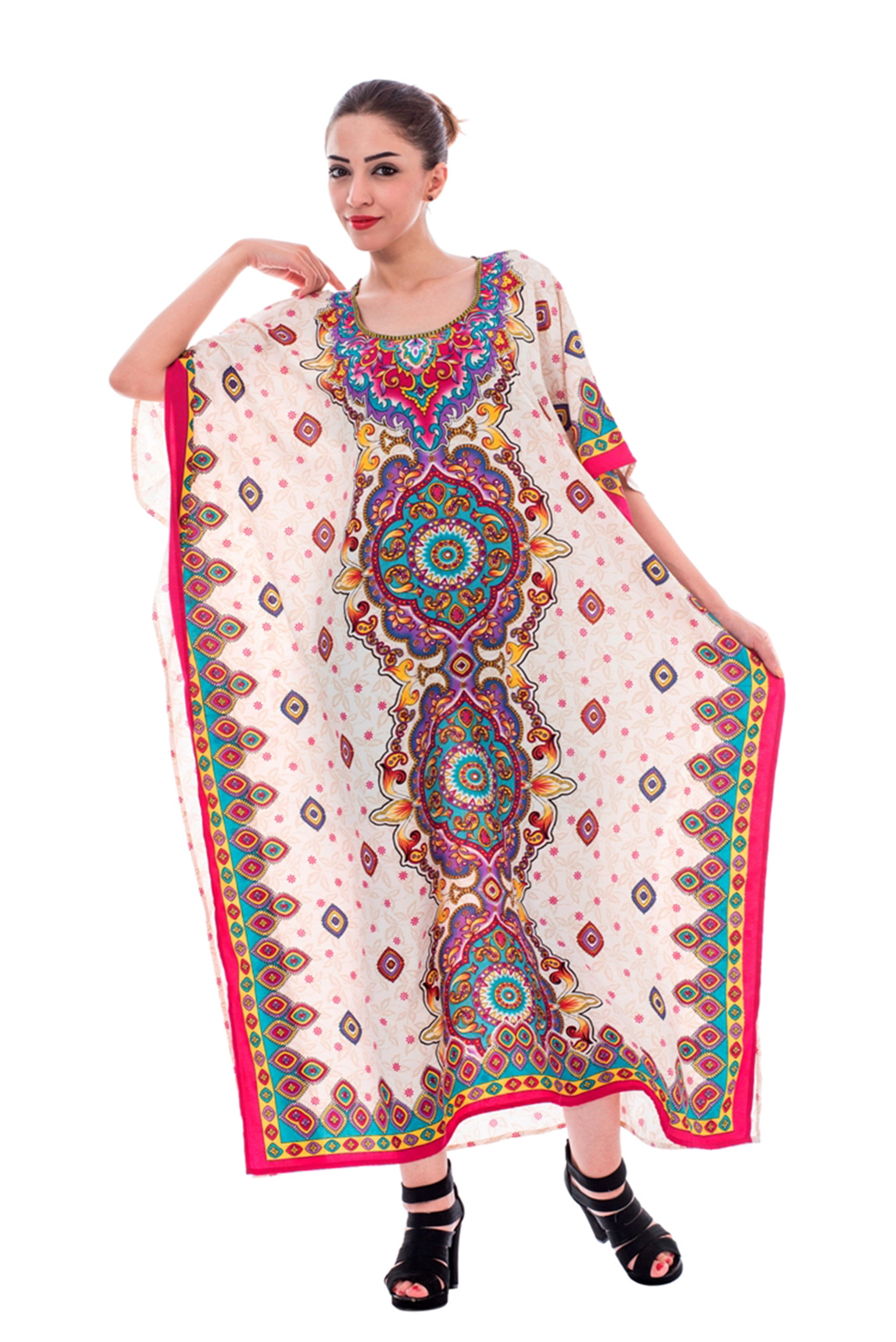 Off-White Women's Plus Size Long Kaftan Dresses Paisley Floral Caftans Dress for Ladies Online ...