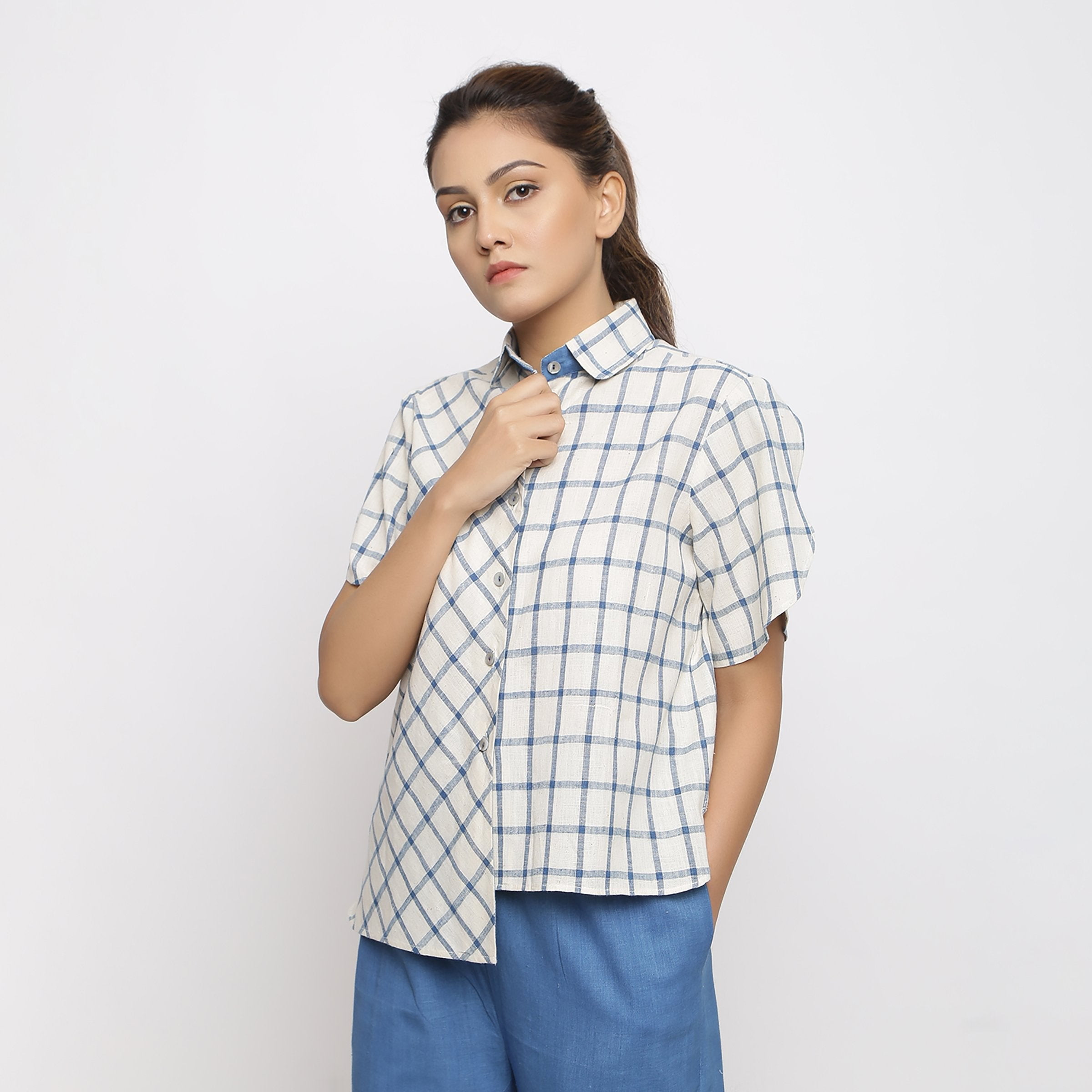 Off-White and Blue Cotton Checkered Peter Pan Collar Shirt - Walmart.com