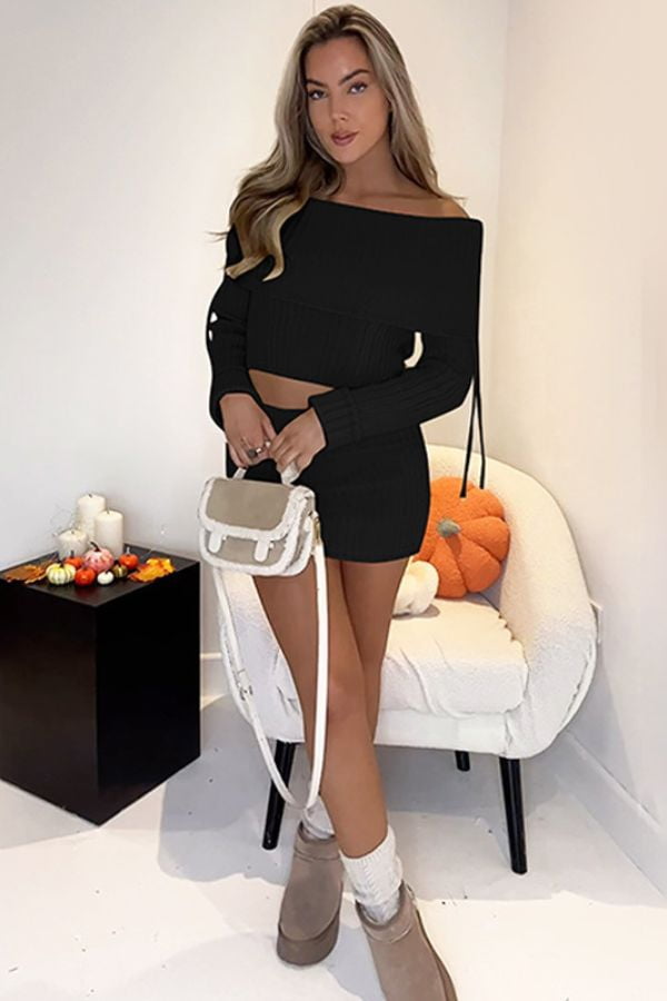 Off-shoulder Top & Short Skirt Set (M, Black) - Walmart.com