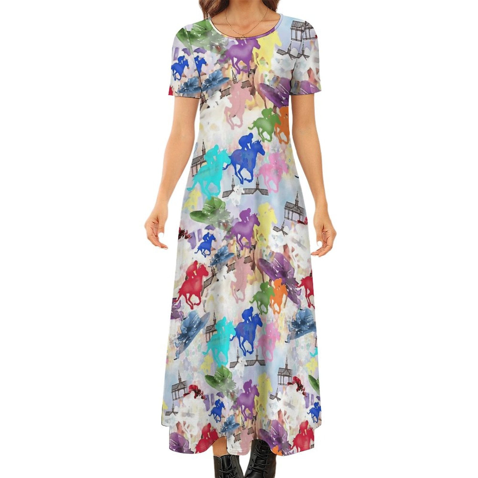 Off to The Horse Races Maxi Dress for Women Crew Neck Beach Dress Short ...