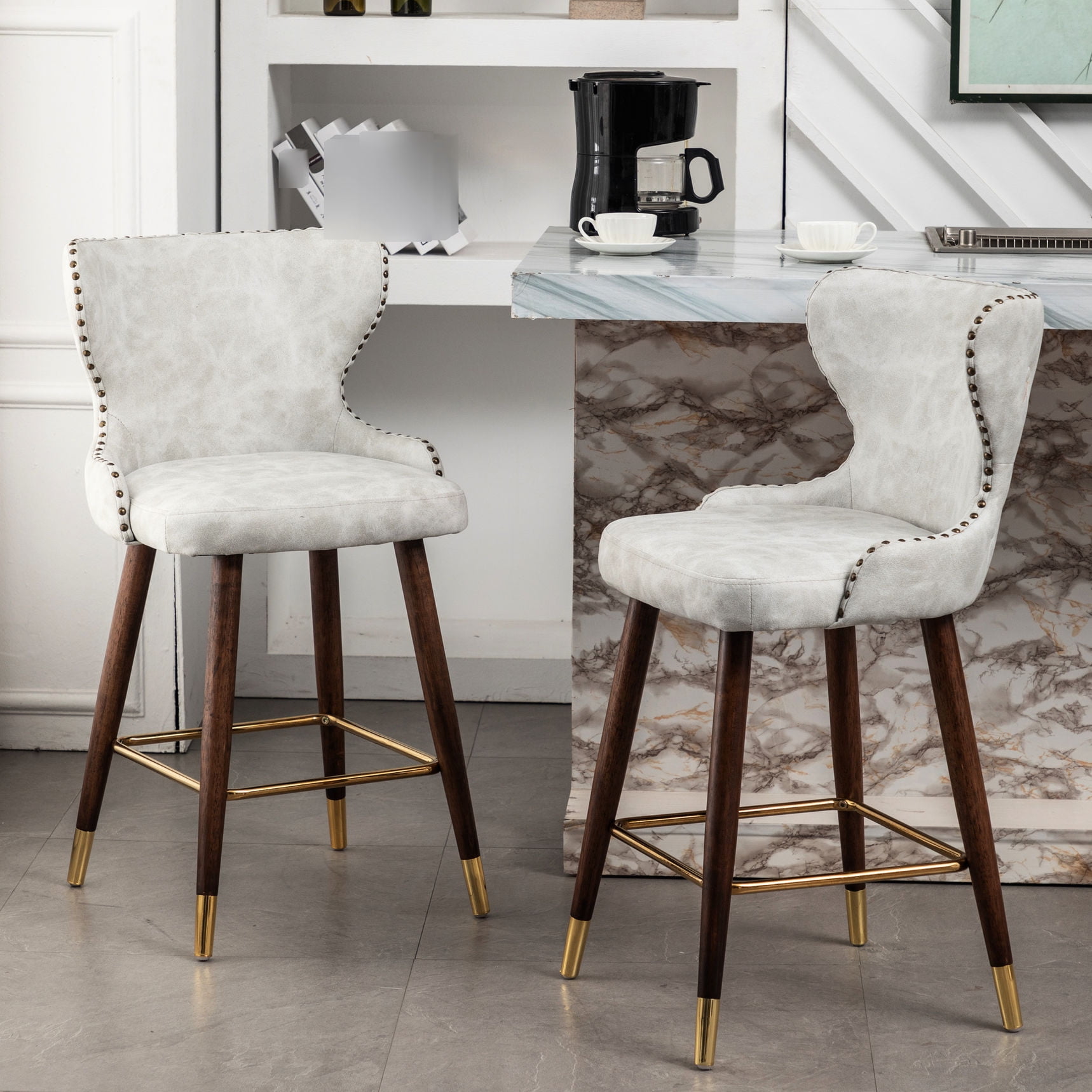 Off-white counter stools, tufted wing-back / Suede fabric, tapered ...