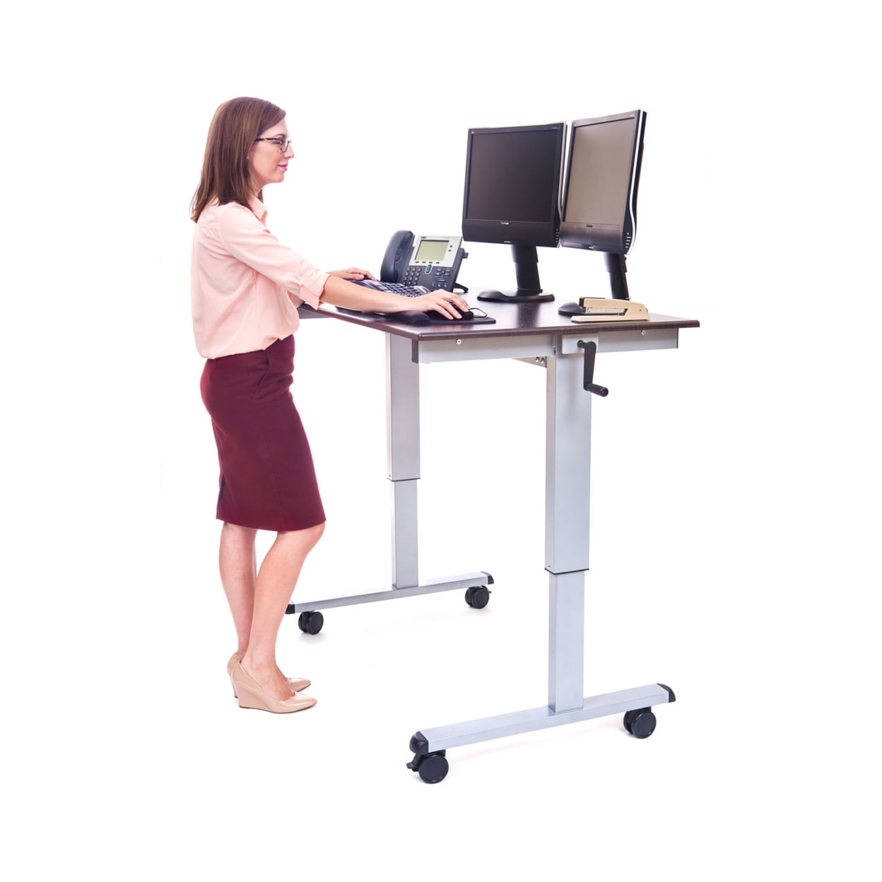 Offex 48" High Speed Crank Adjustable Desk - Silver, Dark Walnut ...