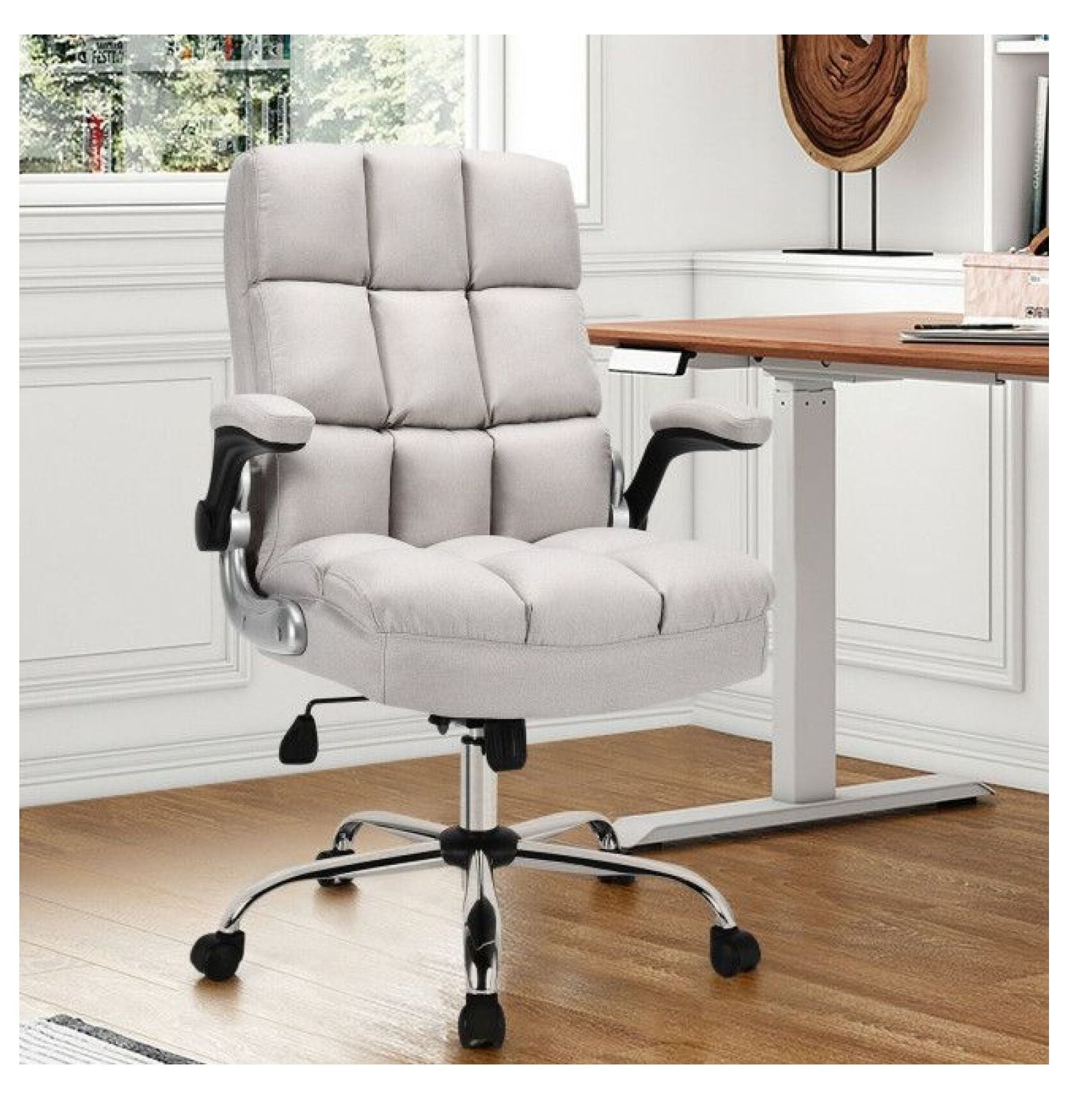 Office Chair Adjustable Swivel High Back Flip-Up Arm Beige 400lbs Home ...