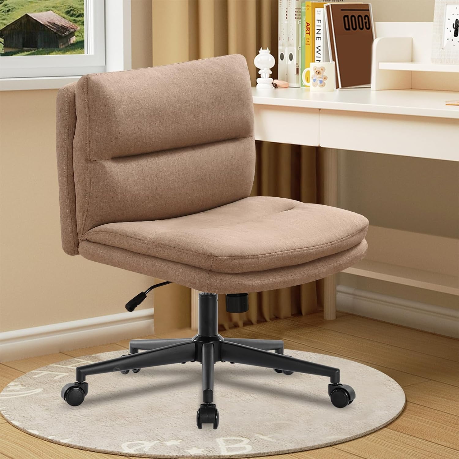 Office Chair Armless Desk Chair with Wheels, Fabric Padded Wide Seat ...
