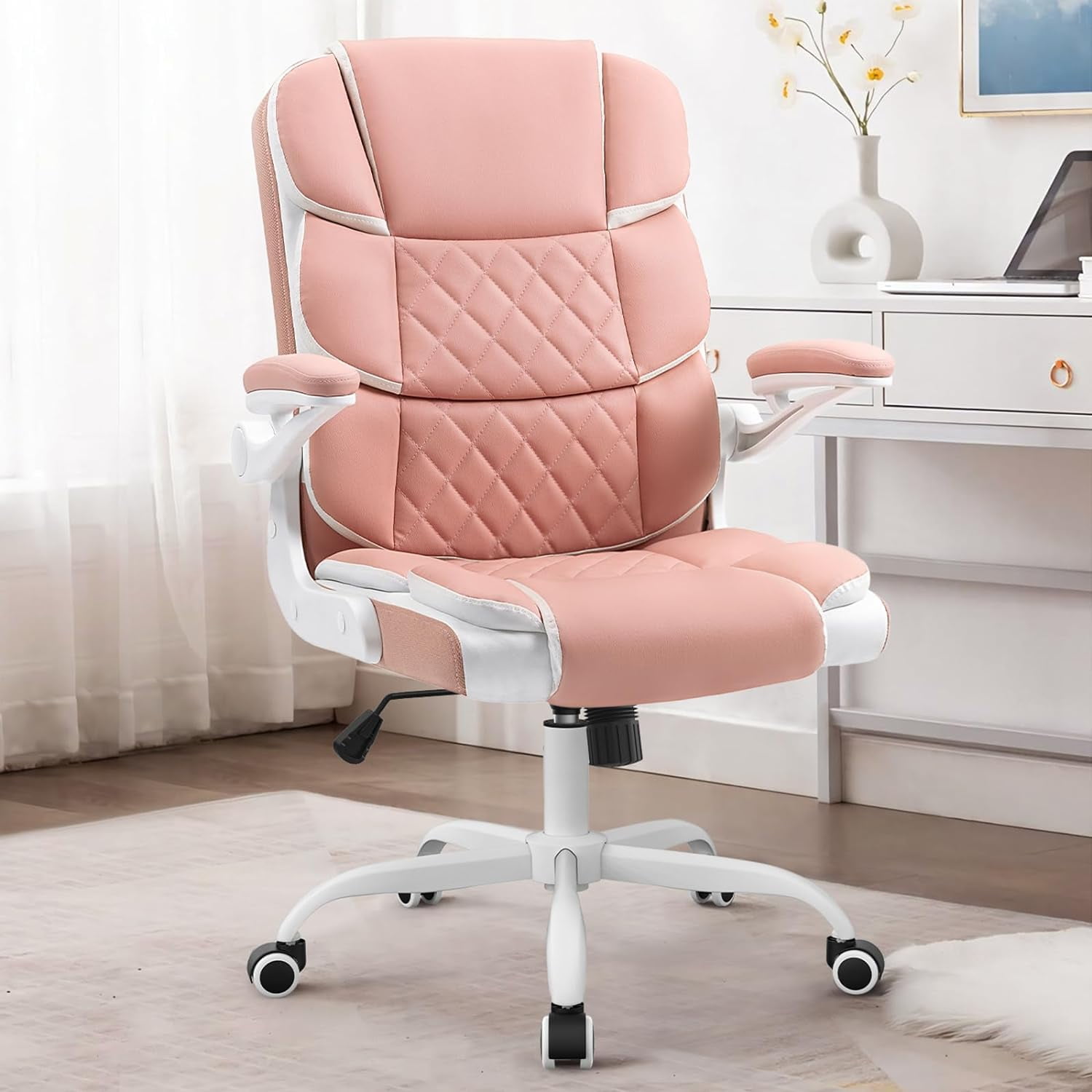 Office Chair Beige Velvet Fabric Desk Chairs with Wheels and Flip-up ...