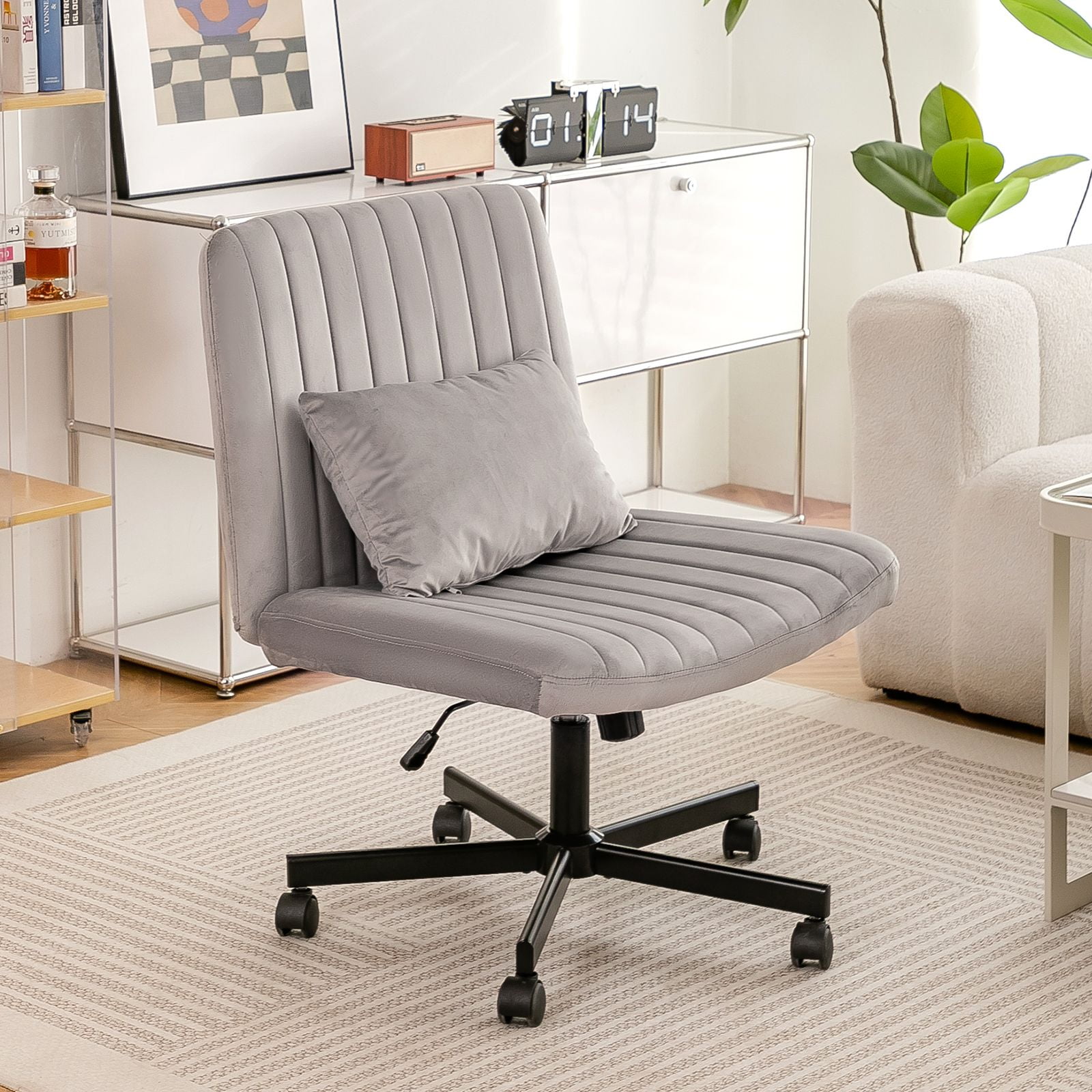 Office Chair Cross Legged with Wheels Velvet grey Velvet+Stainless ...