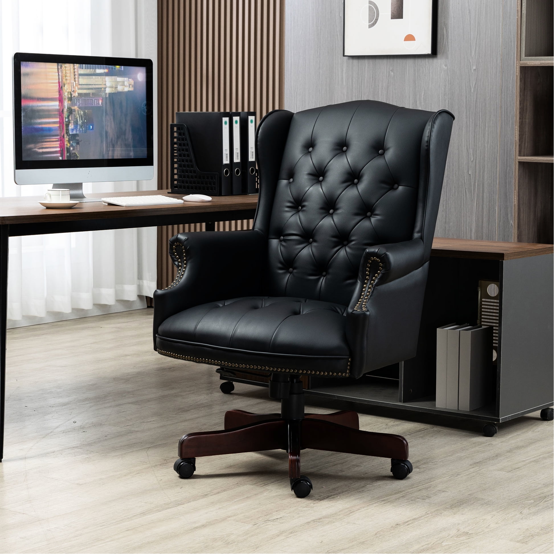 Office Chair - Ergonomic Black Pu Leather With High Back Thick Padding ...