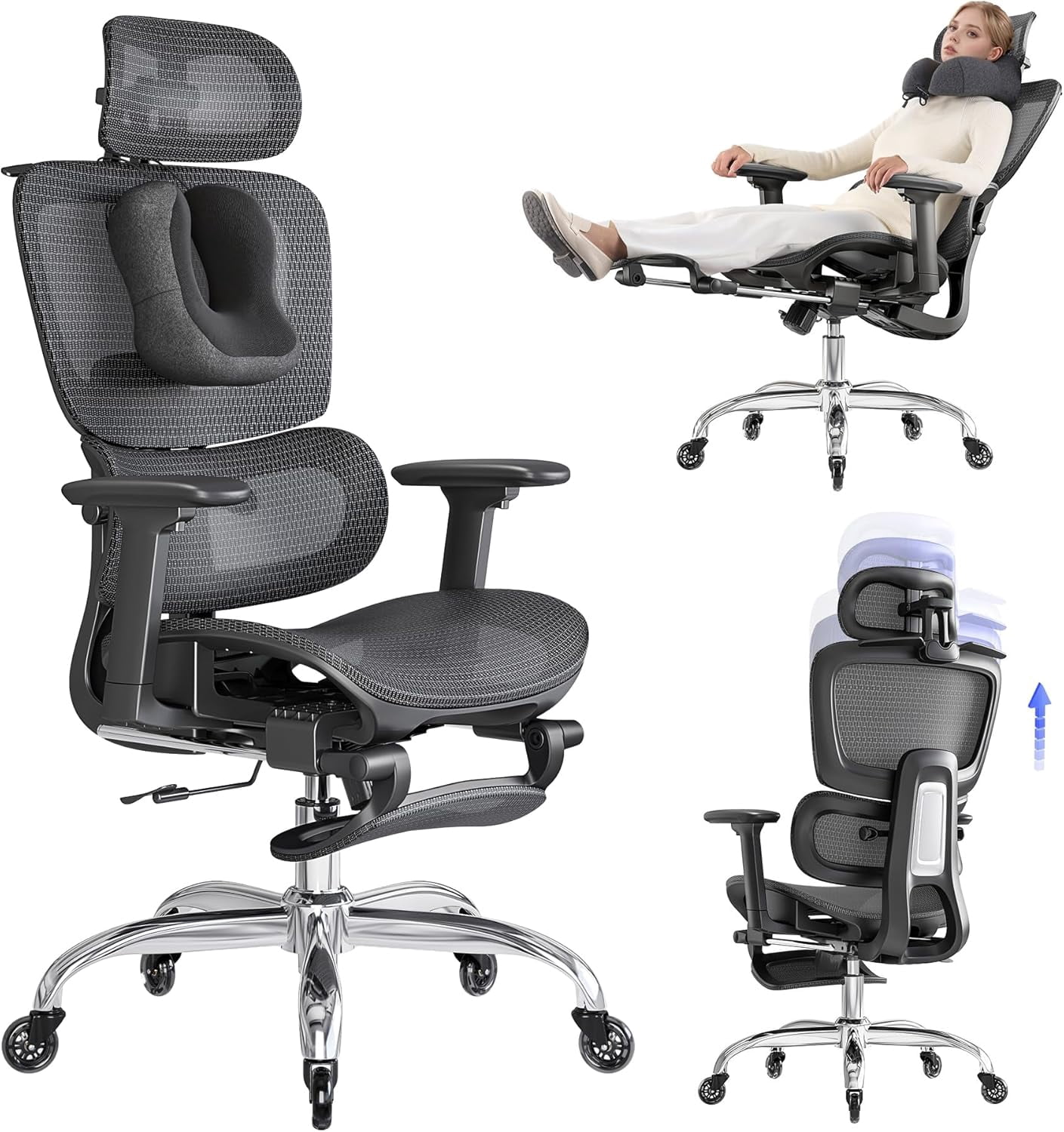 Office Chair with Footrest, Ergonomic Chair with Neck Pillow & Rubber ...