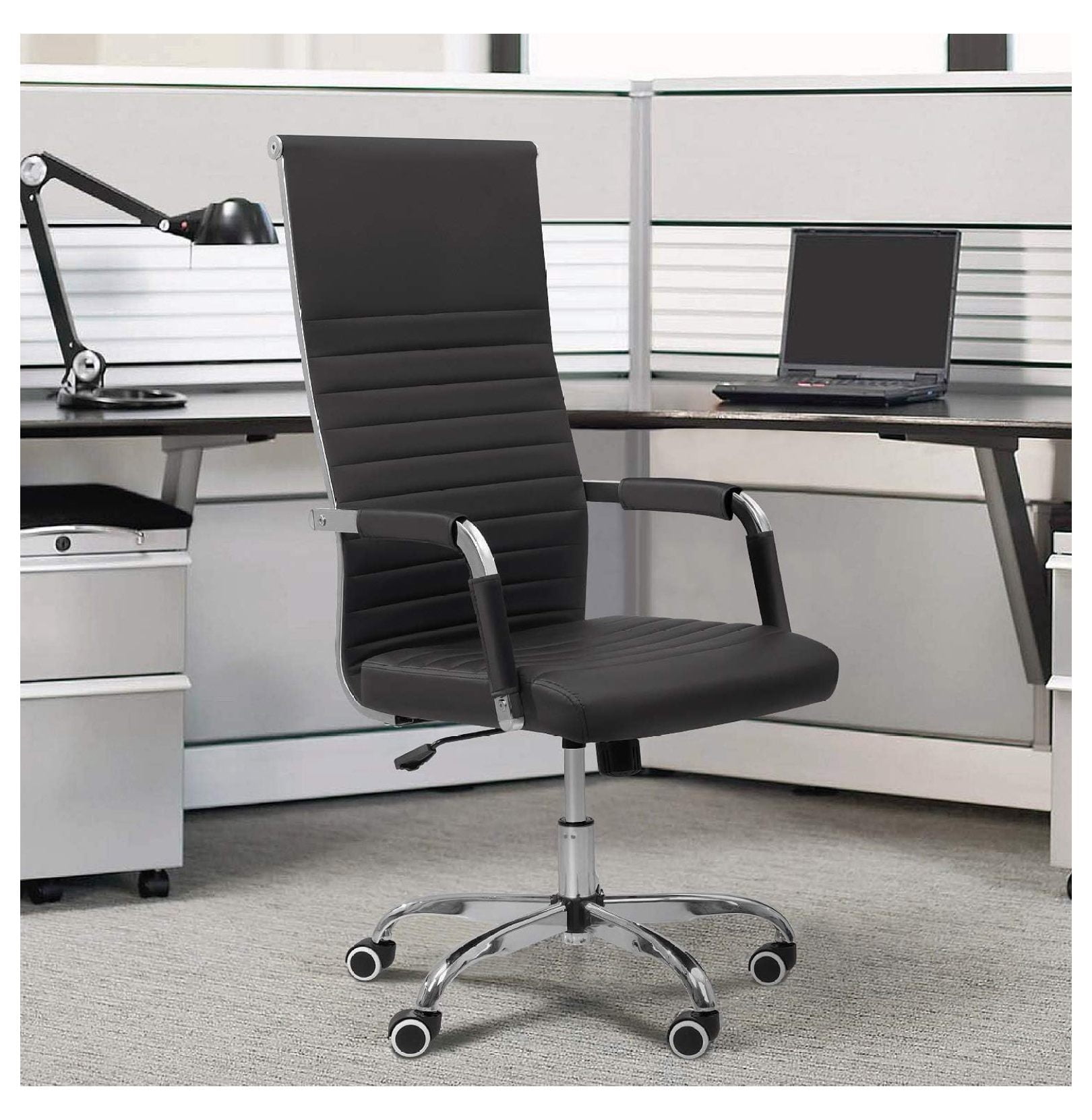 Office Chair High Back Leather Desk Chair Modern Executive Ribbed ...