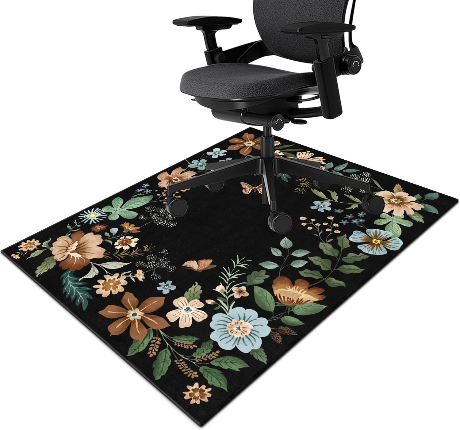 Office Chair Mat for Hardwood & Tile Floor 36"x48",Boho Black Floral ...