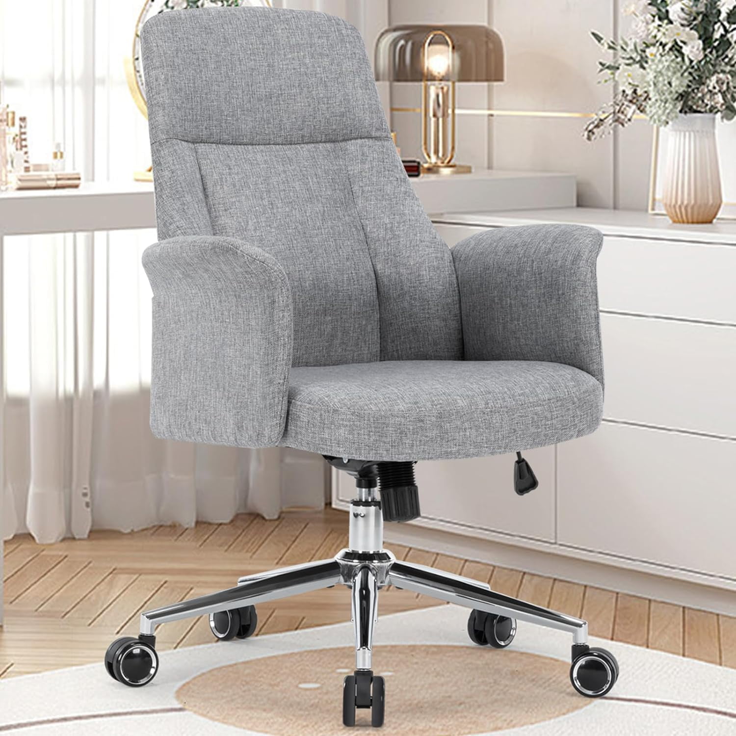 Office Chair, Mid Back Computer Chair Modern Linen Fabric Adjustable ...