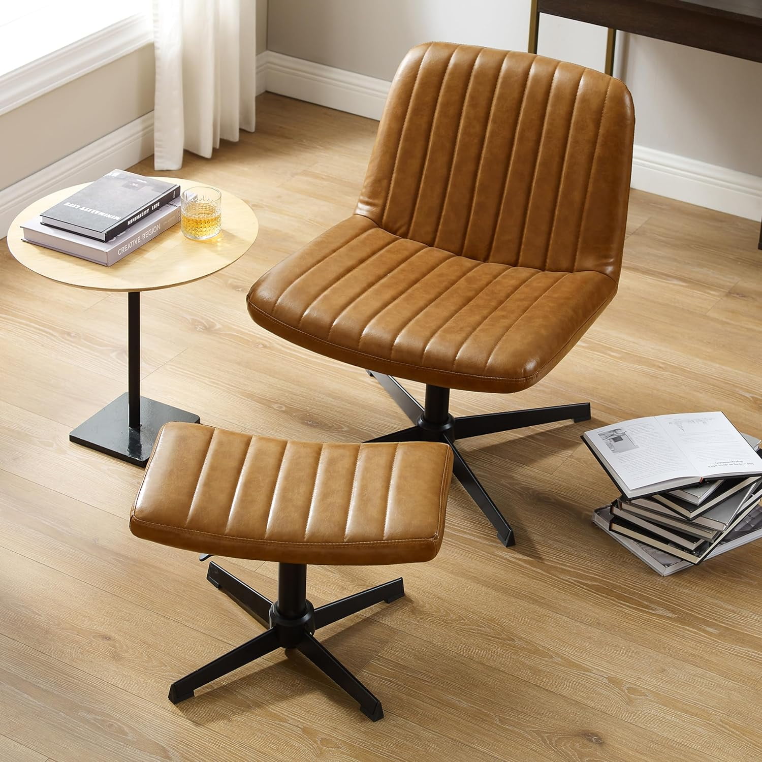 Office Chair - No Wheels, Ottoman & Pillow, Armless, Modern Swivel ...
