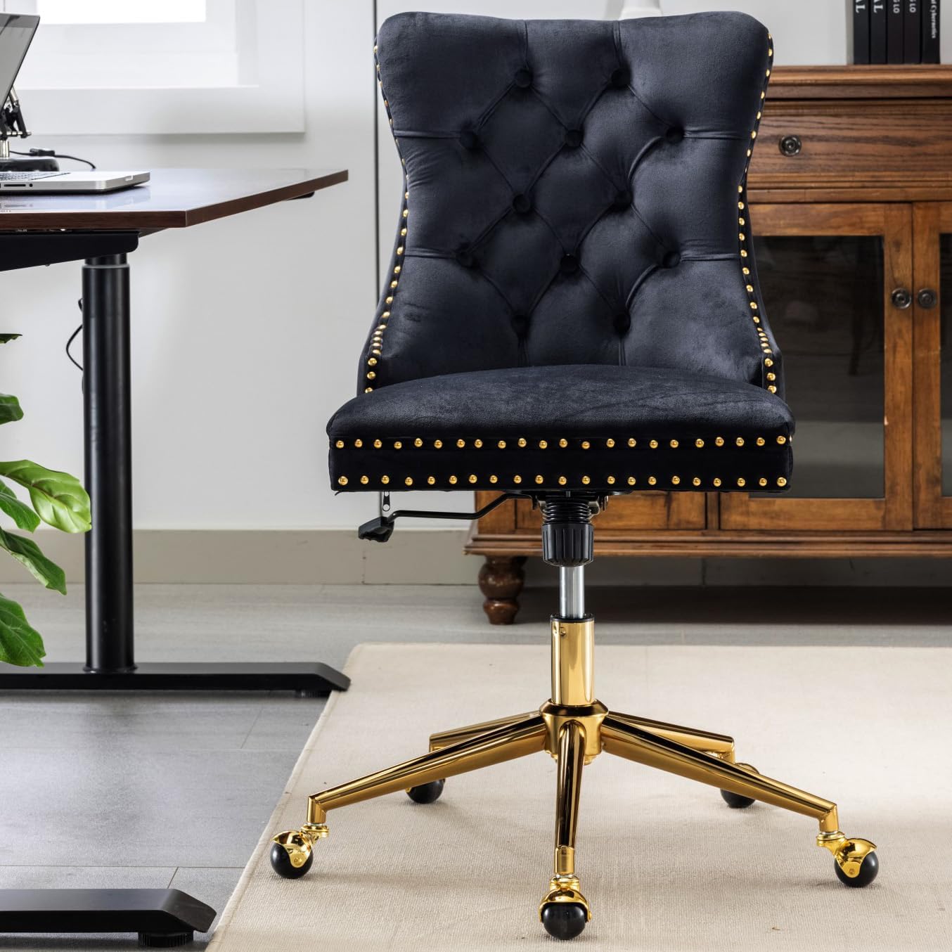 Office Chair Velvet Upholstered Tufted Button Chair with Golden Metal ...