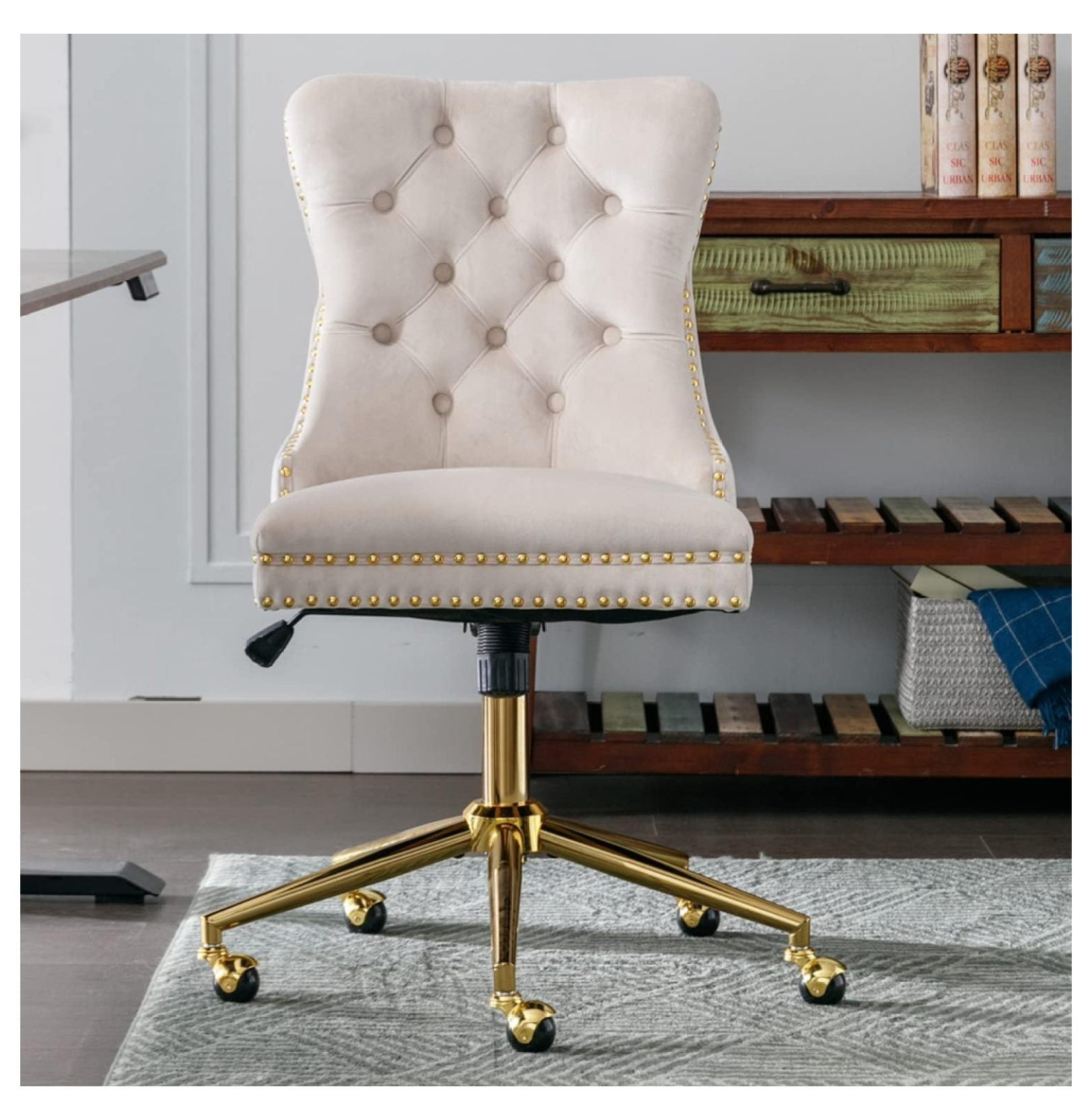 Office Chair Velvet Upholstered Tufted Button Chair with Golden Metal ...