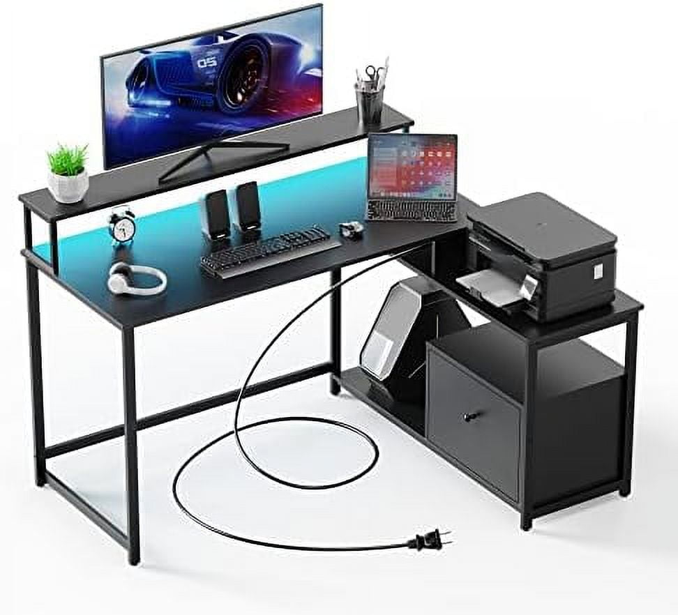 Office Computer Desk with File Drawer LED Strip Power Outlet L-Shaped ...