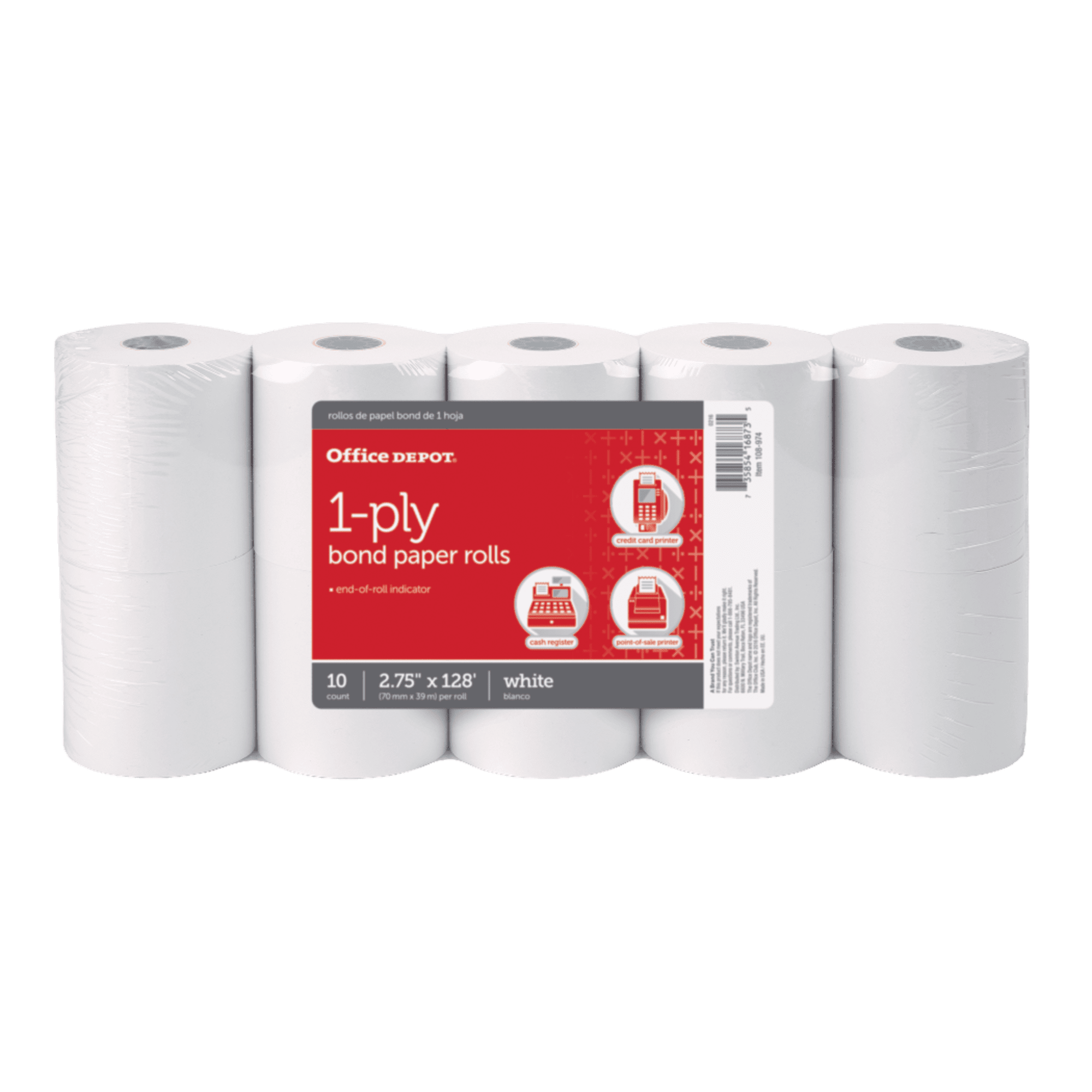 Office Depot 1-Ply Paper Rolls, 2 3/4in. x 128ft., White, Pack Of 10 ...